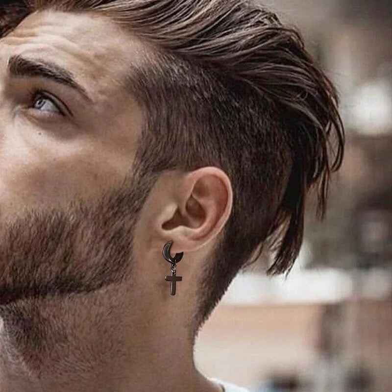 MINI CROSS DROP HUGGIE CIRCLE EARRING 14K Black Gold ANKA STAR OF DAVID ...