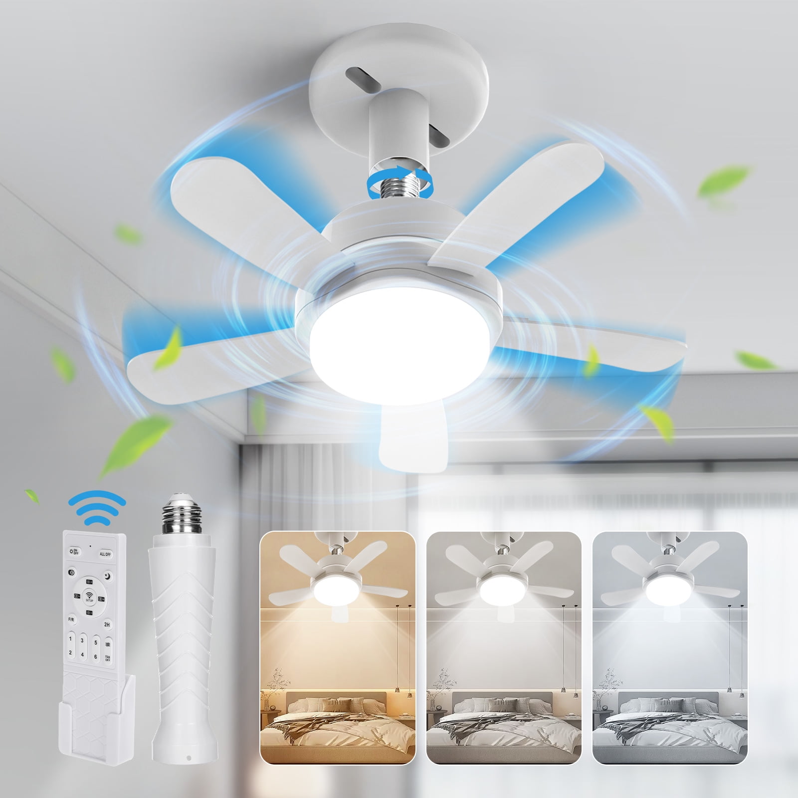 BLITZWILL Socket Ceiling Fans with Lights and Remote,15inch Dimmable ...