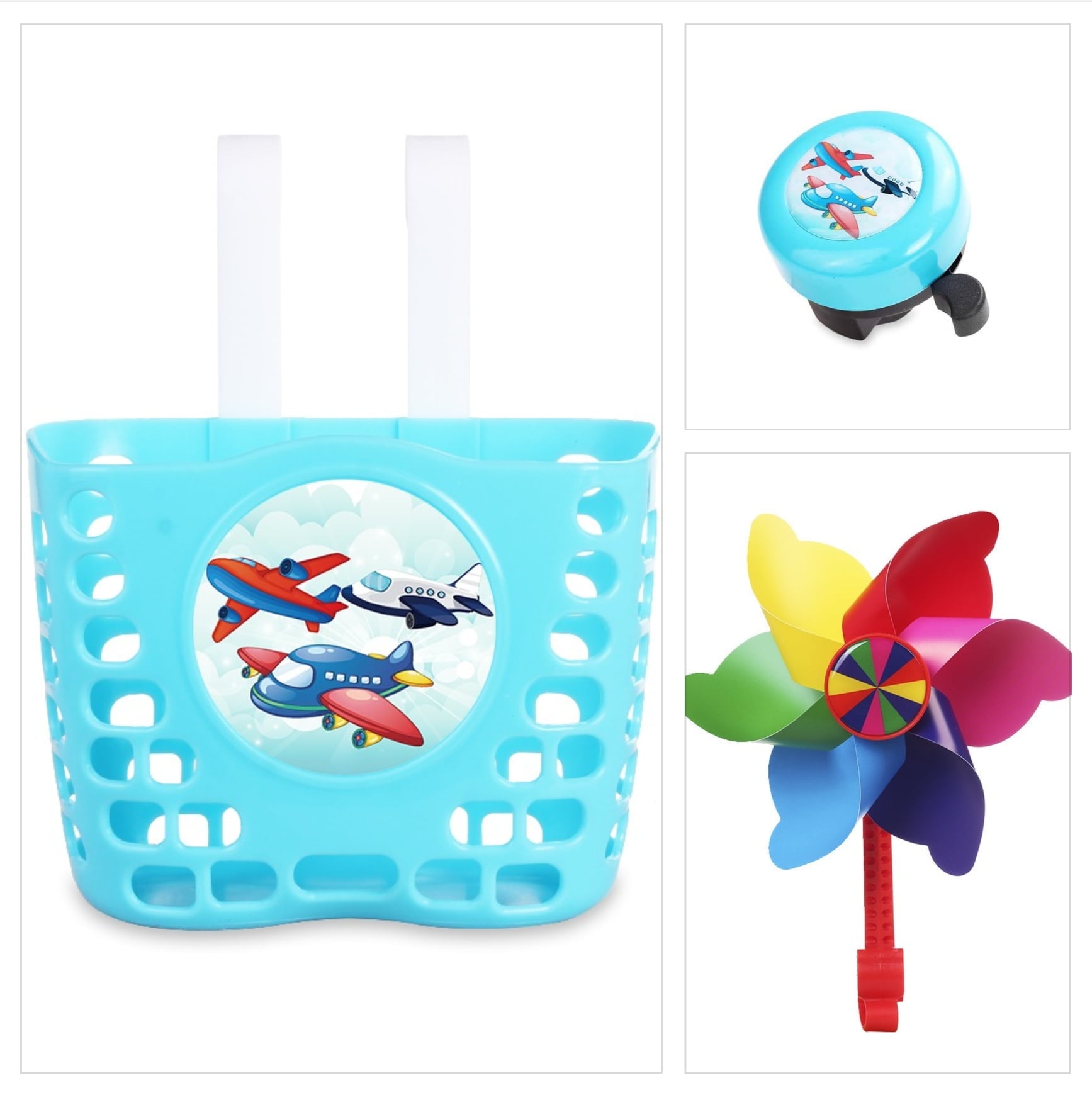 MINI-FACTORY Kids Bike Accessory Combo - Airplane Pattern Basket, Bell ...