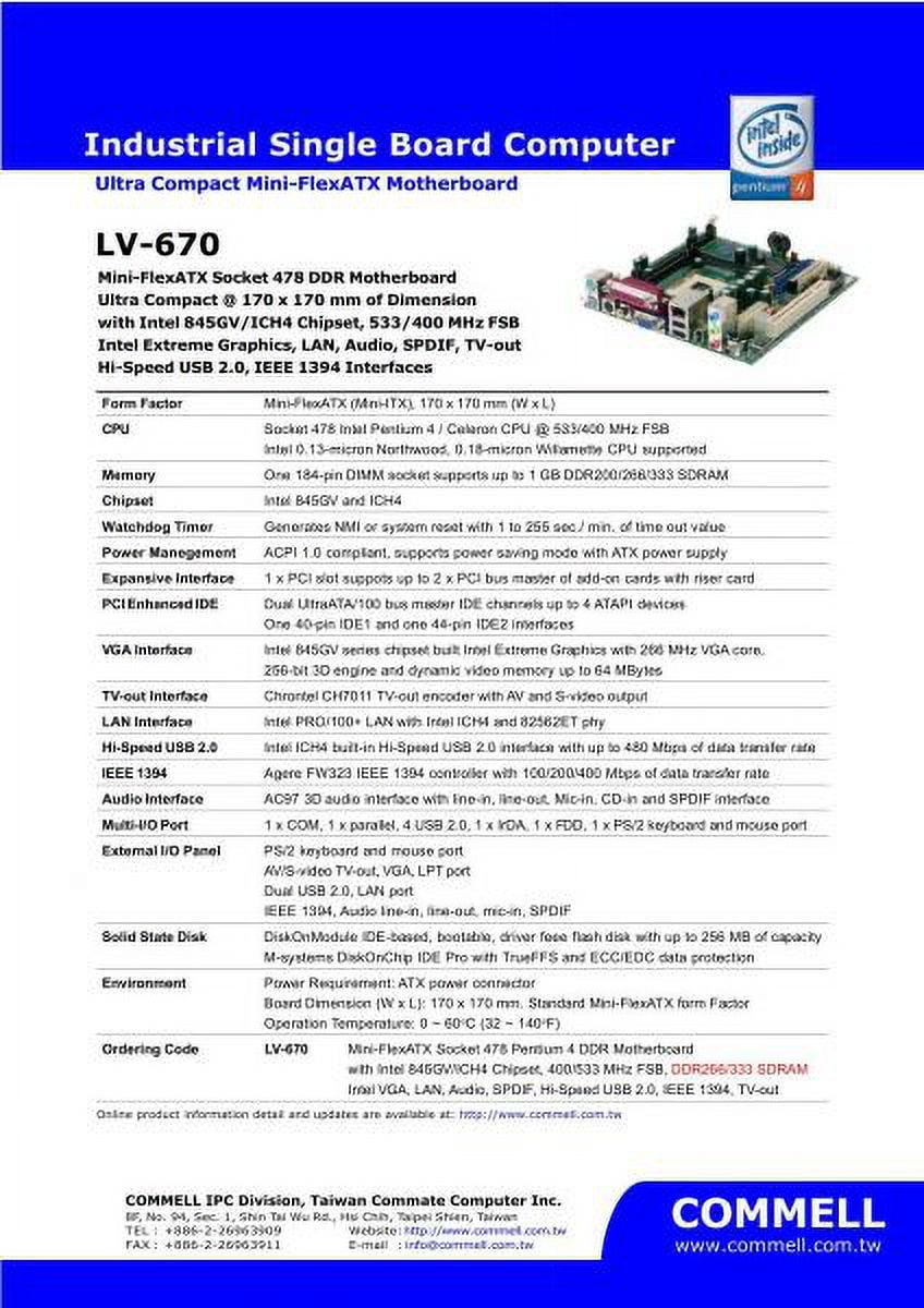 MINI ITX COMMELL INDUSTRIAL SKT 478 533/400 V/A/FW/P/2USB/LAN, SHIELD ...