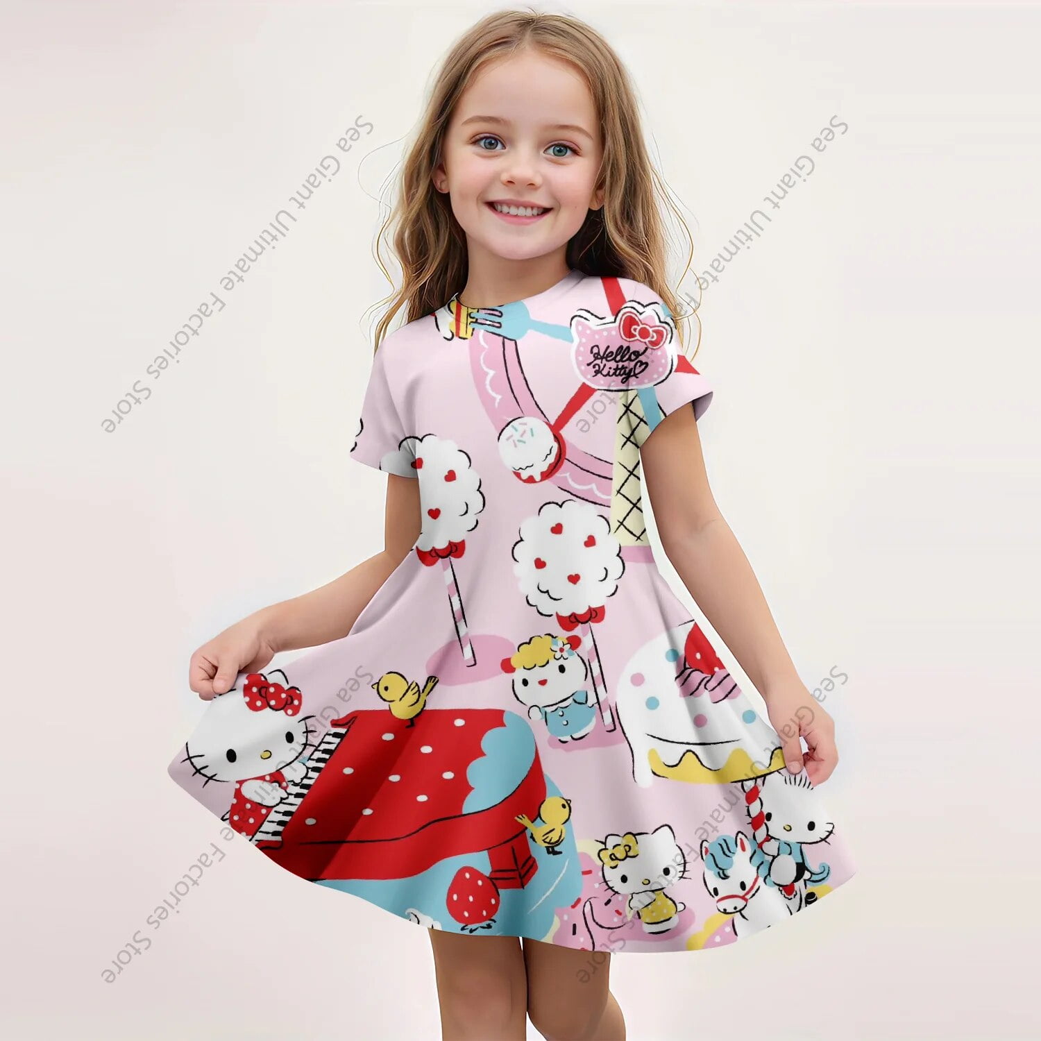 Miniso New Summer Girls Dress Fashion Cartoon Cute Cinnamoroll Andhello Kitty 3d Printing Dress