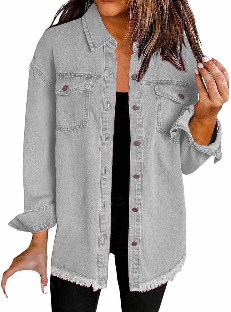 MINIWAVE Women Distressed Jean Jacket Denim Jacket Frayed Hem Shacket ...