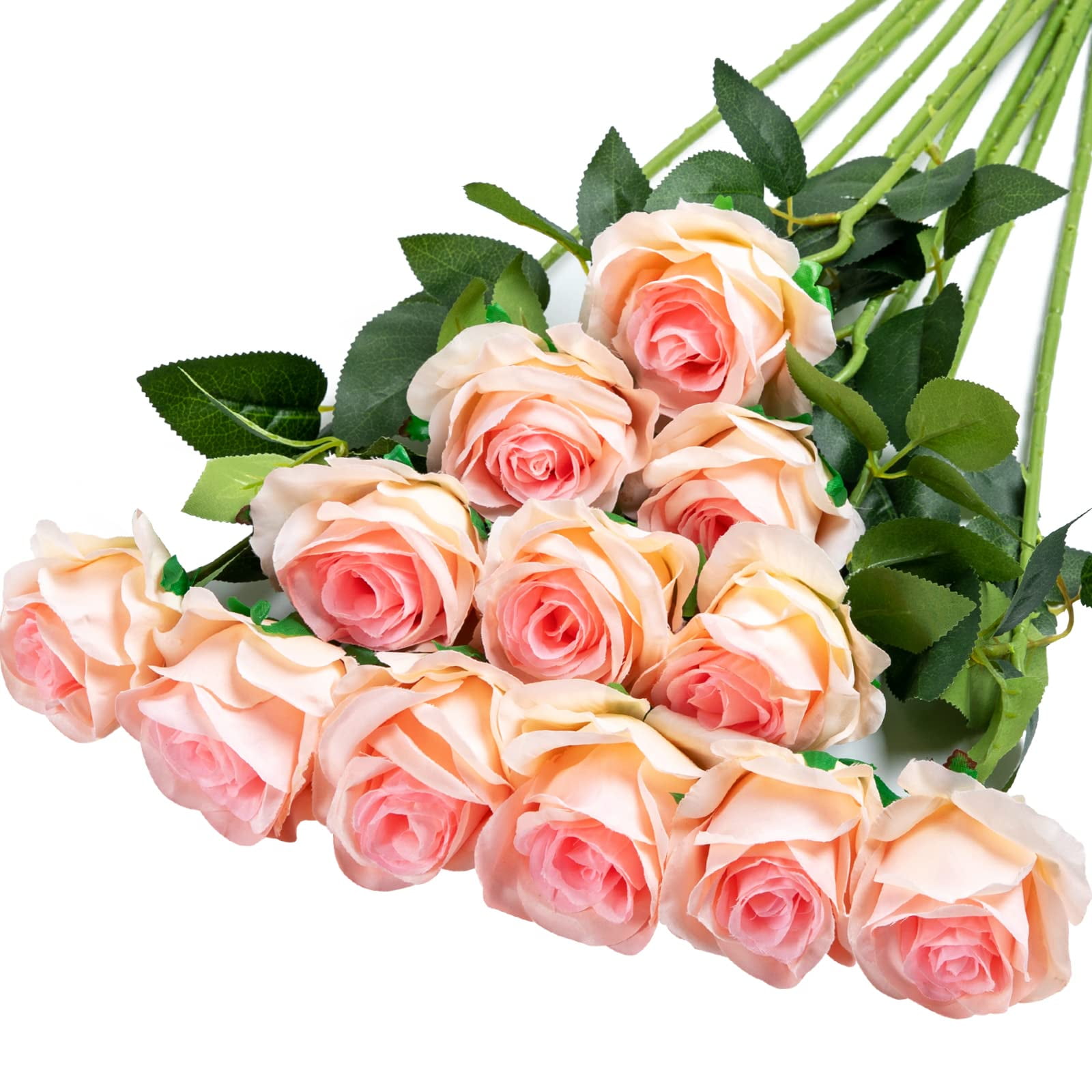 MINKUROW 12PCS Artificial Silk Flowers Realistic Roses Bouquet Long ...