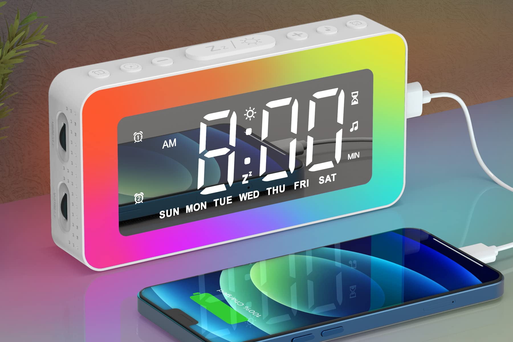 MINKUROW Alarm Clocks for Bedrooms,Mirror Clock with 8 RGB Atmosphere ...
