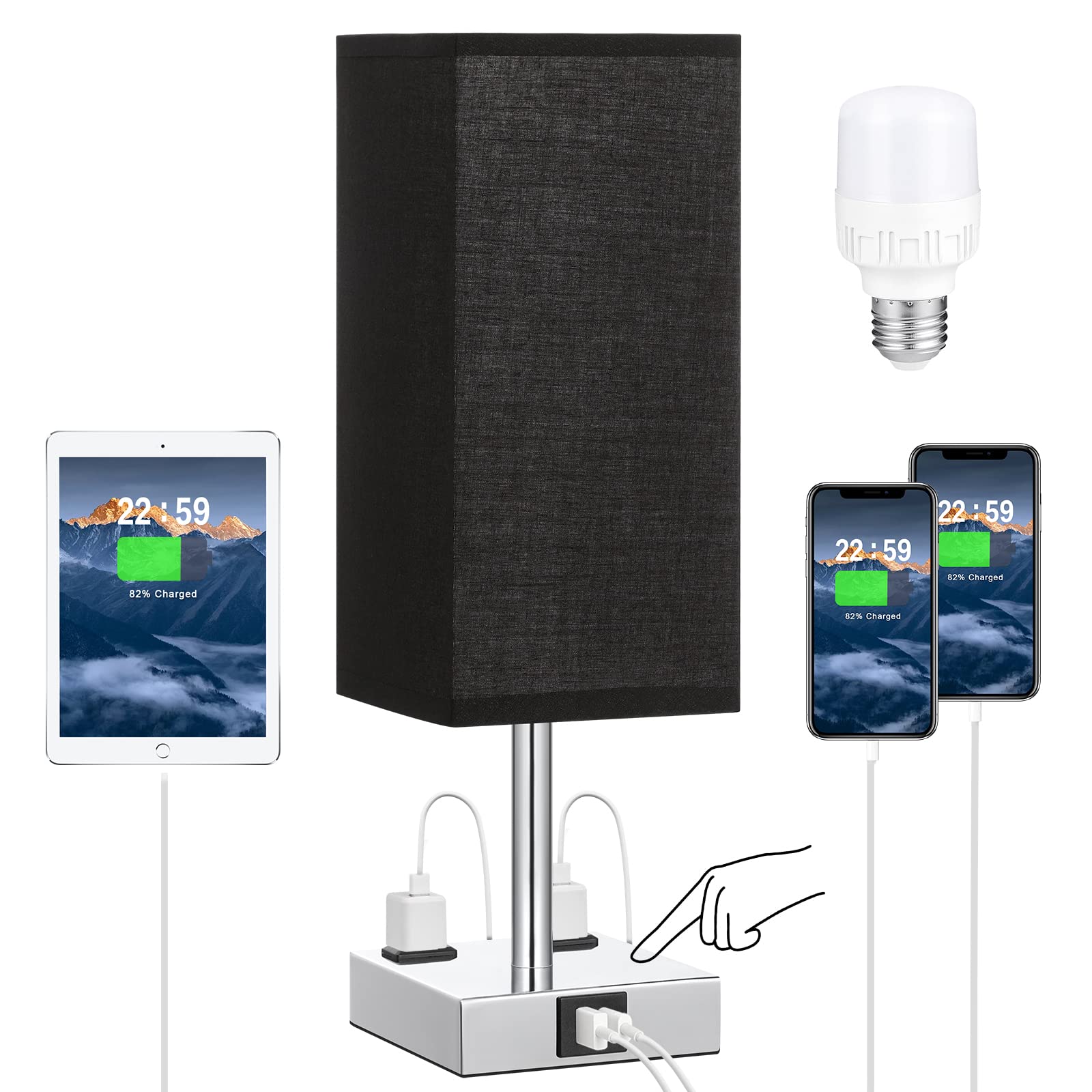 MINKUROW Bedside Lamp with USB Port and Outlet,3-Way Dimmable Touch ...