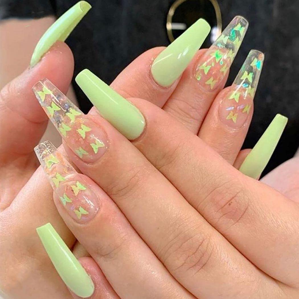 MINKUROW Butterfly Fake Nails Coffin Glossy Extra Long Press On Nails ...