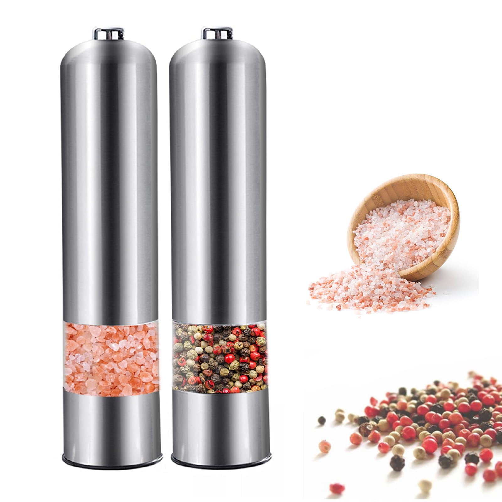 MINKUROW Electric Salt and Pepper Grinder Set Automatic Battery Operated Stainless Steel Spice ...