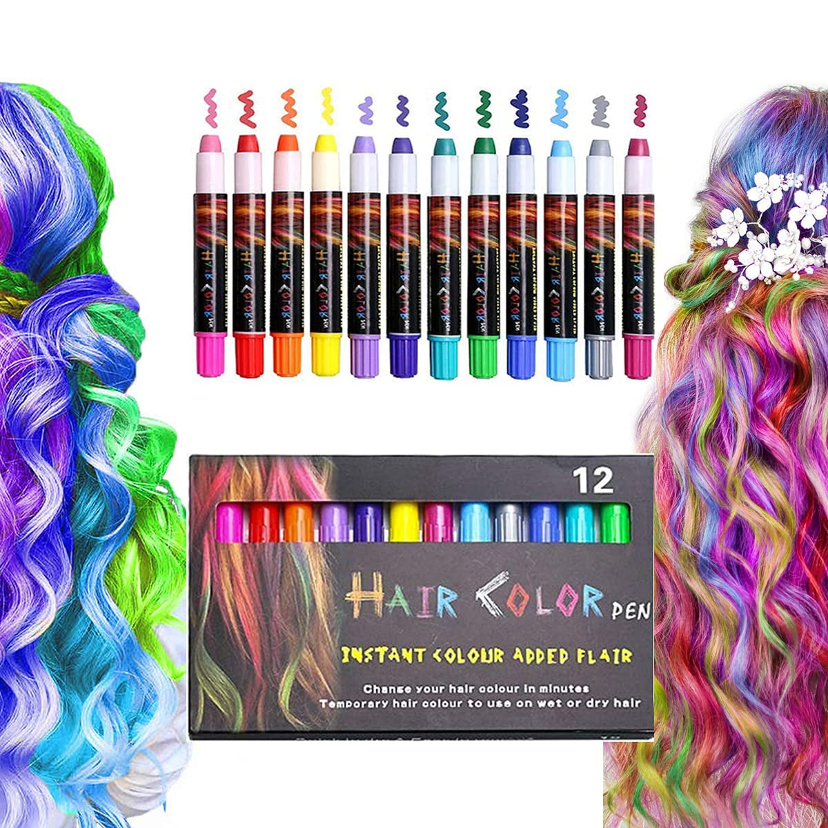 MINKUROW Hair Chalk,12 Color Temporary Washable Bright Hair Color Chalk ...