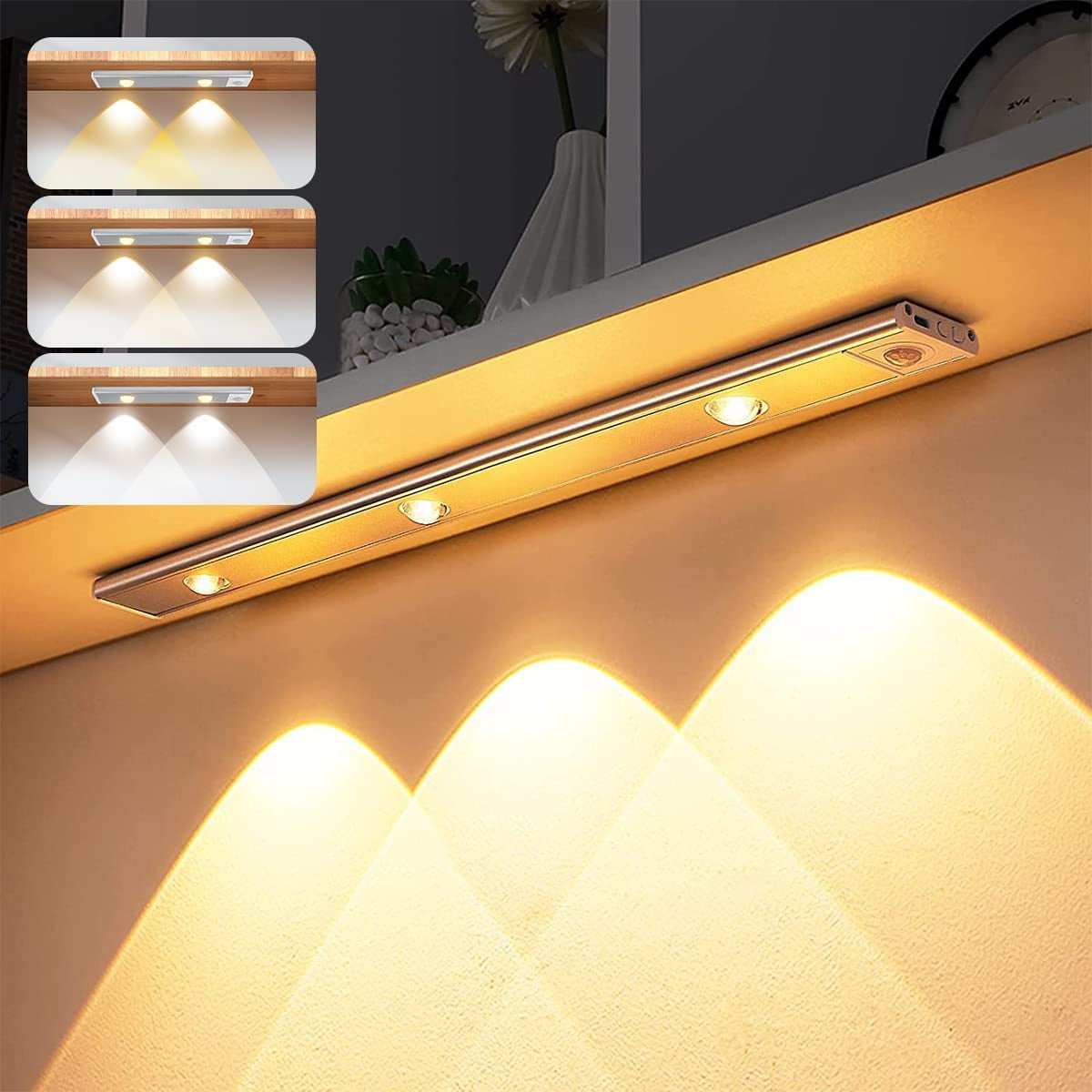 MINKUROW LED Motion Sensor Cabinet Light USB Rechargeable 3 Modes Stick-on Anywhere Wireless ...