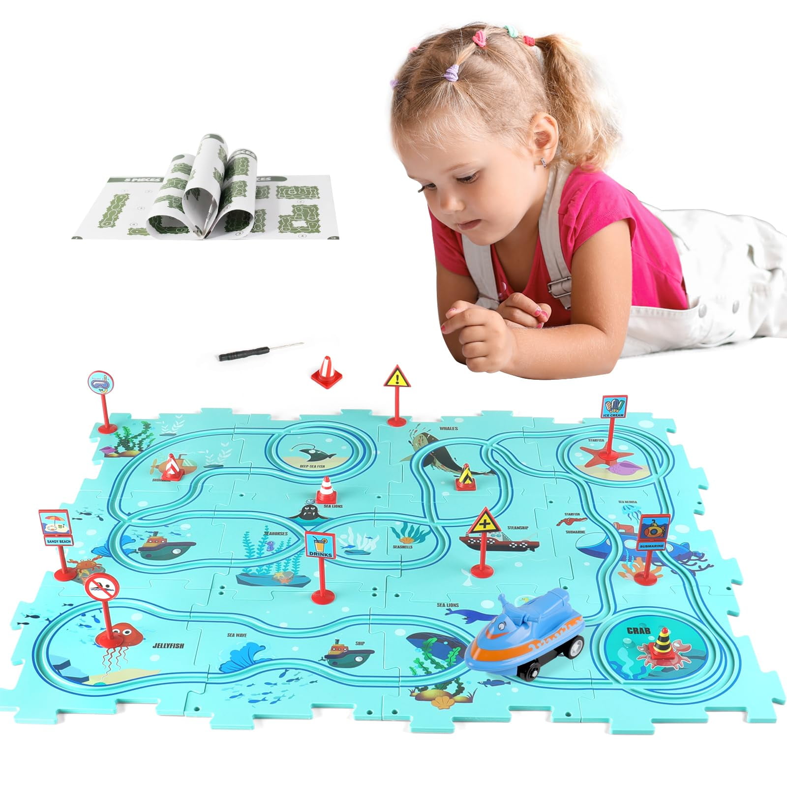 MINKUROW Ocean World Puzzle Track Car Play Set,Plastic Puzzles for Kids ...