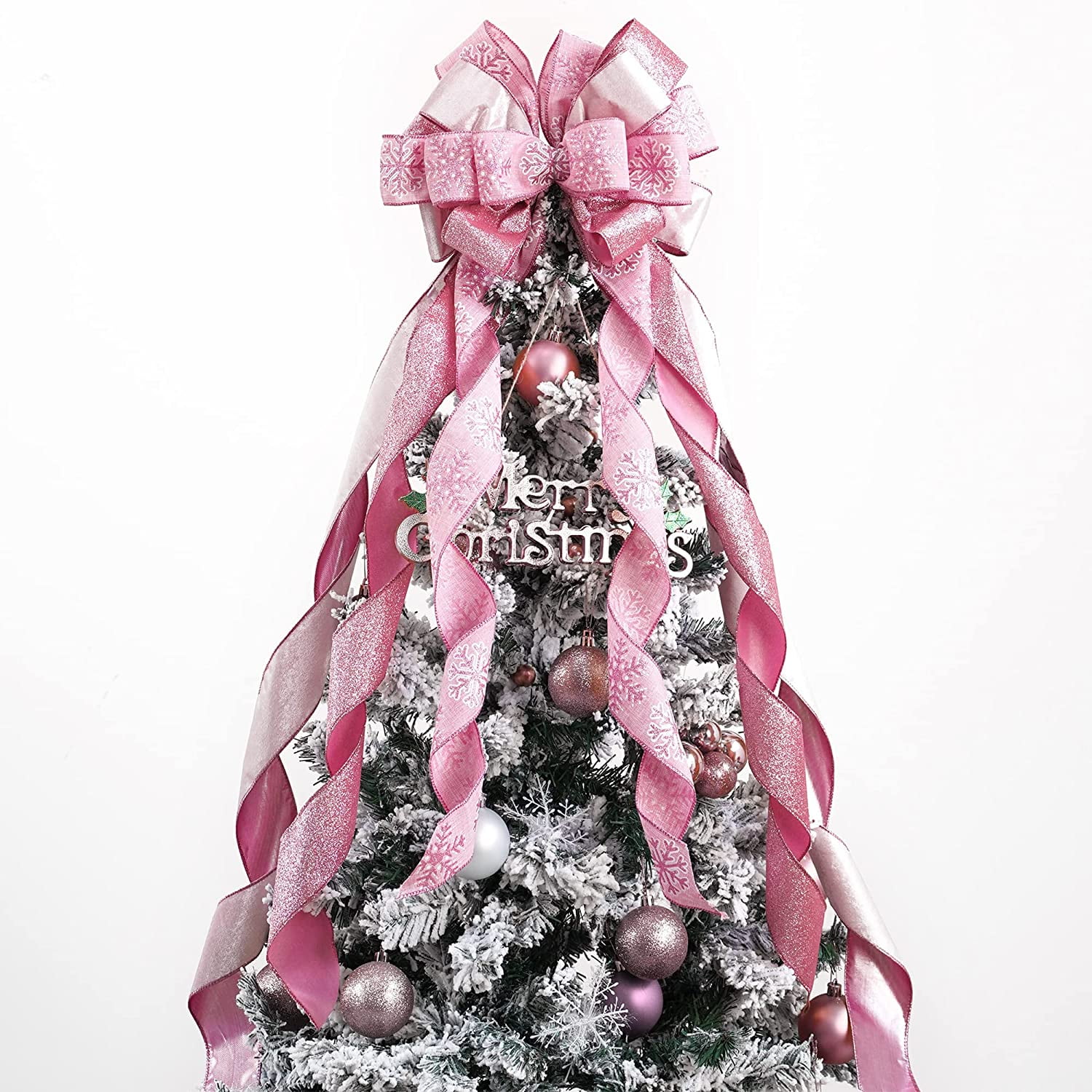 MINKUROW Pink Christmas Tree Topper Pink Glitter Christmas Bows 12 ...