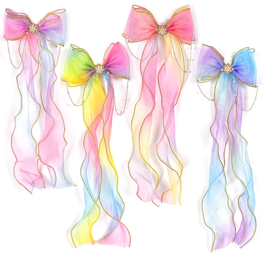 MINKUROW Ribbon Colored Hair Bows,4 Pcs Large Braided Bow with Clips ...