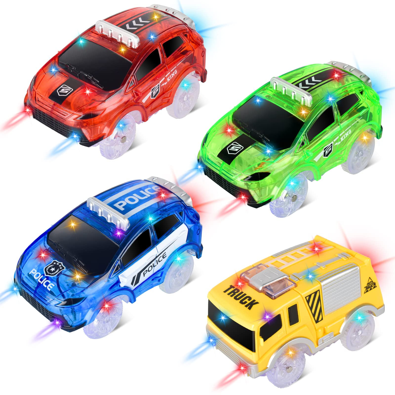 4-Pack LED Light-Up Flex Track Cars, Battery Operated & Compatible with ...