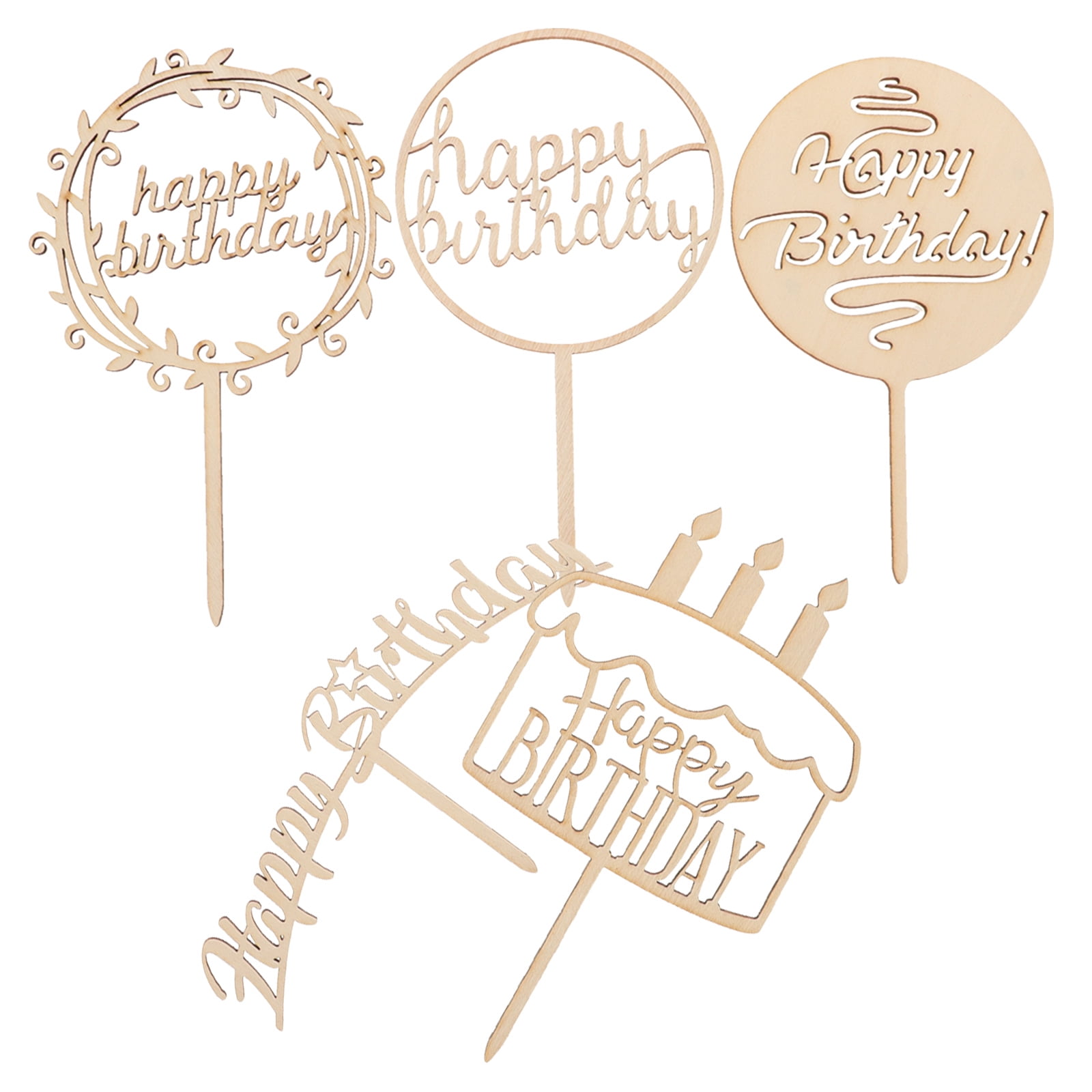 HEMOTON 5 Pieces Rustic Wooden Birthday Cake Toppers for Cake Decor ...