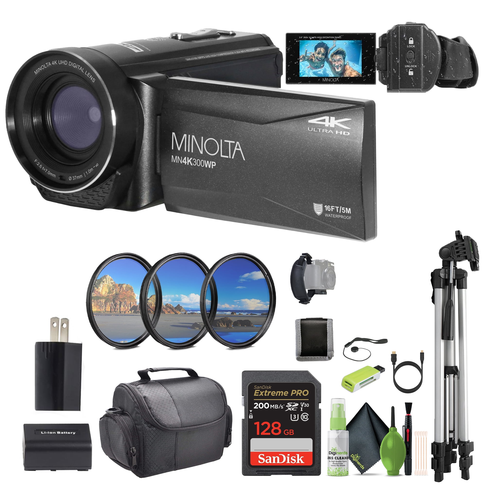 MINOLTA MN4K300WP 4K Ultra HD / 56 MP Waterproof Video Camcorder (Black) Bundle With 128GB ...