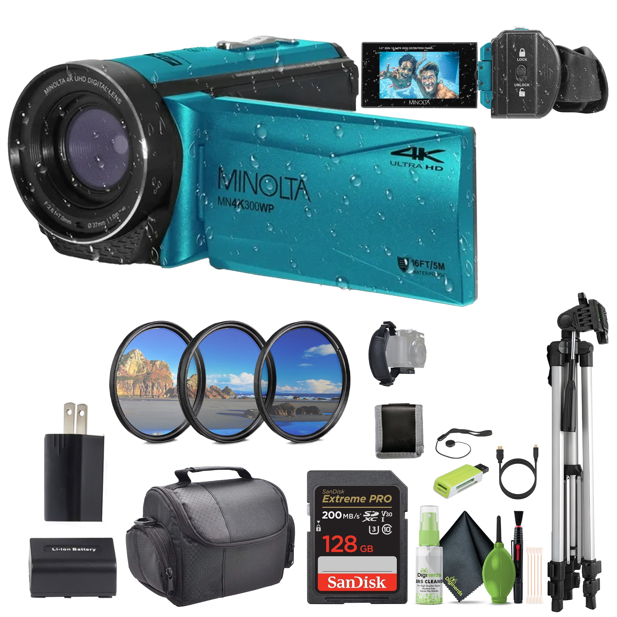 MINOLTA MN4K300WP 4K Ultra HD / 56 MP Waterproof Video Camcorder (Blue) Bundle With 128GB Memory ...