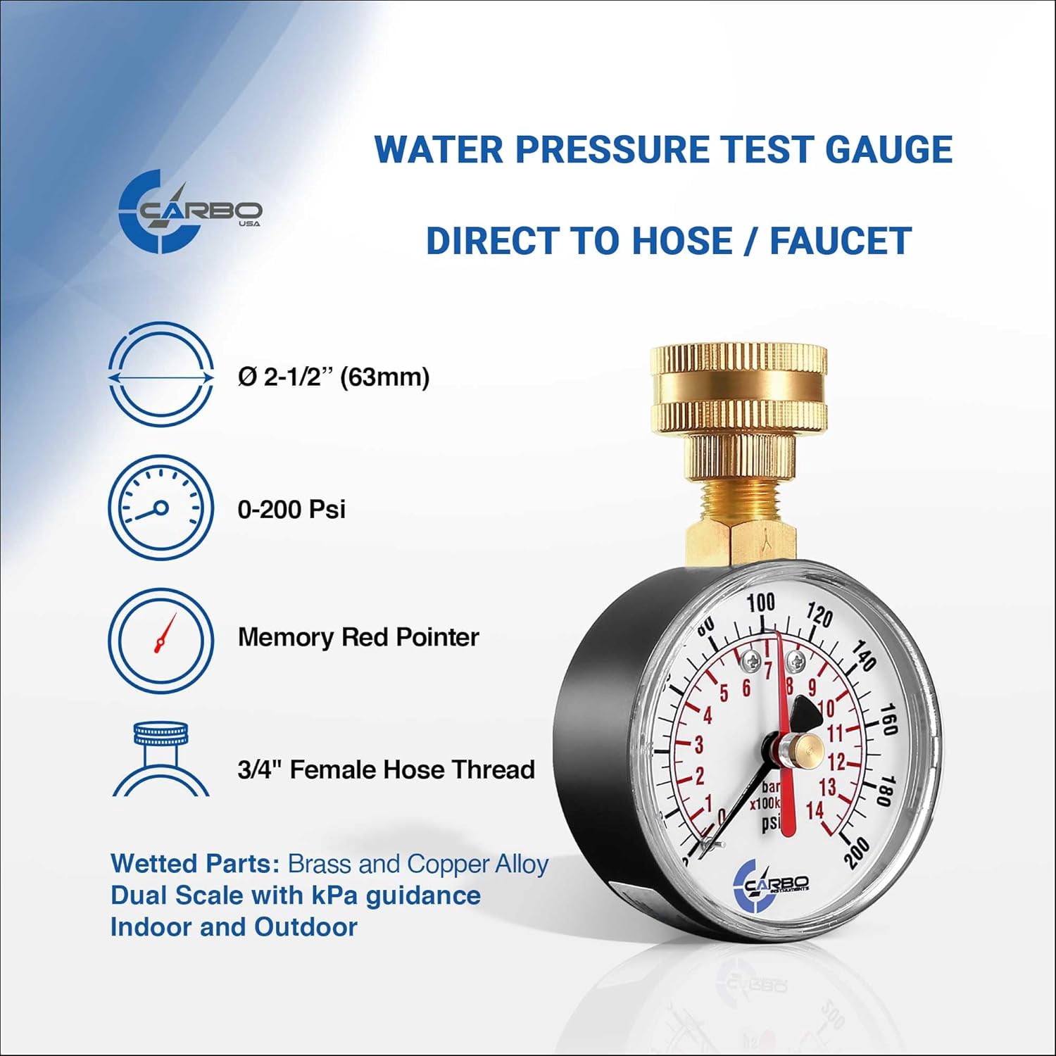MINSUI-2-1/2" Water Pressure Test Gauge, 0-200 PSI, Red Max Pointer, 3/ ...