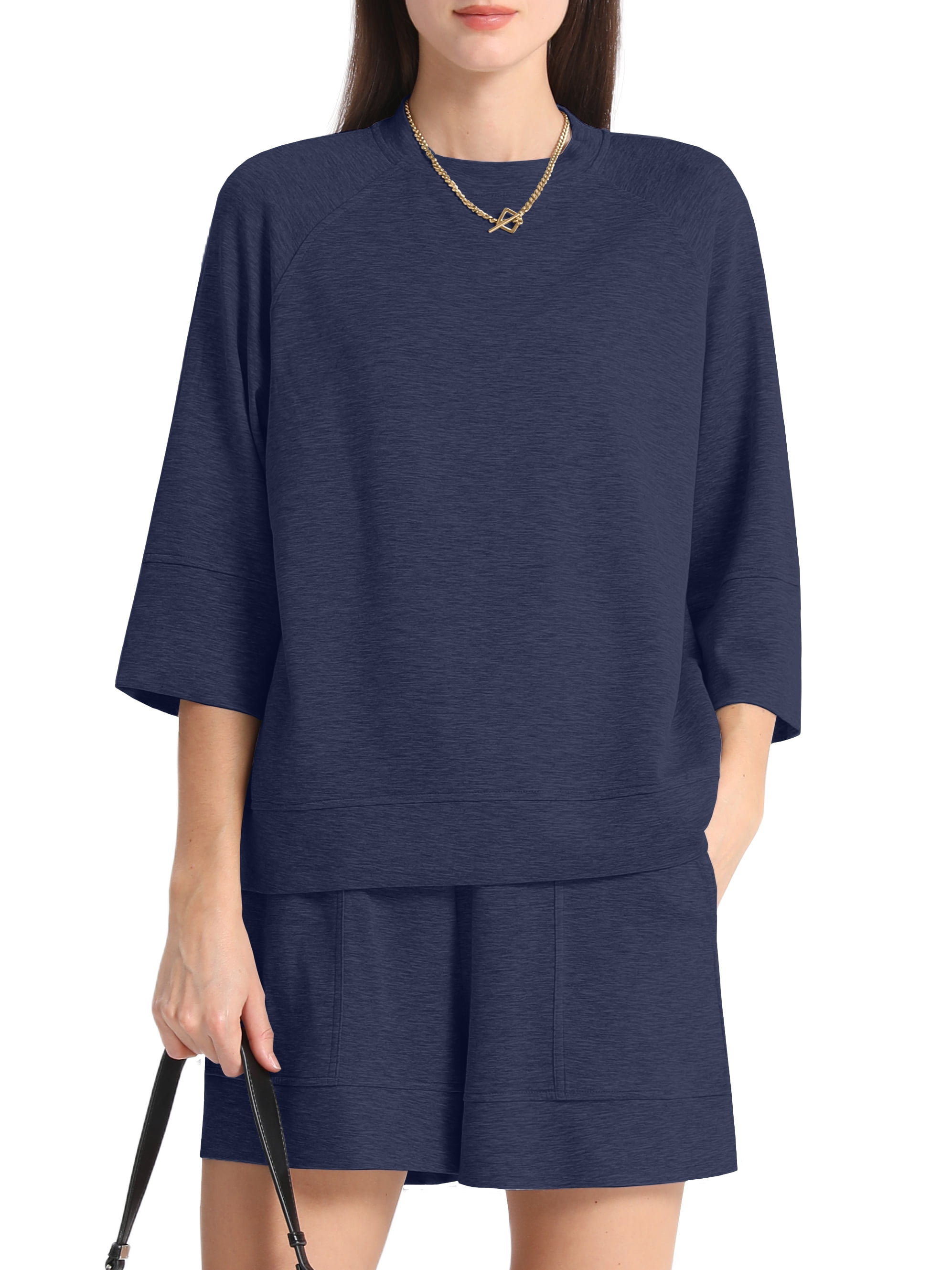 MINTREUS Women's Mock Neck Lounge Set 3/4 Sleeve Tops and Elastic Waist ...