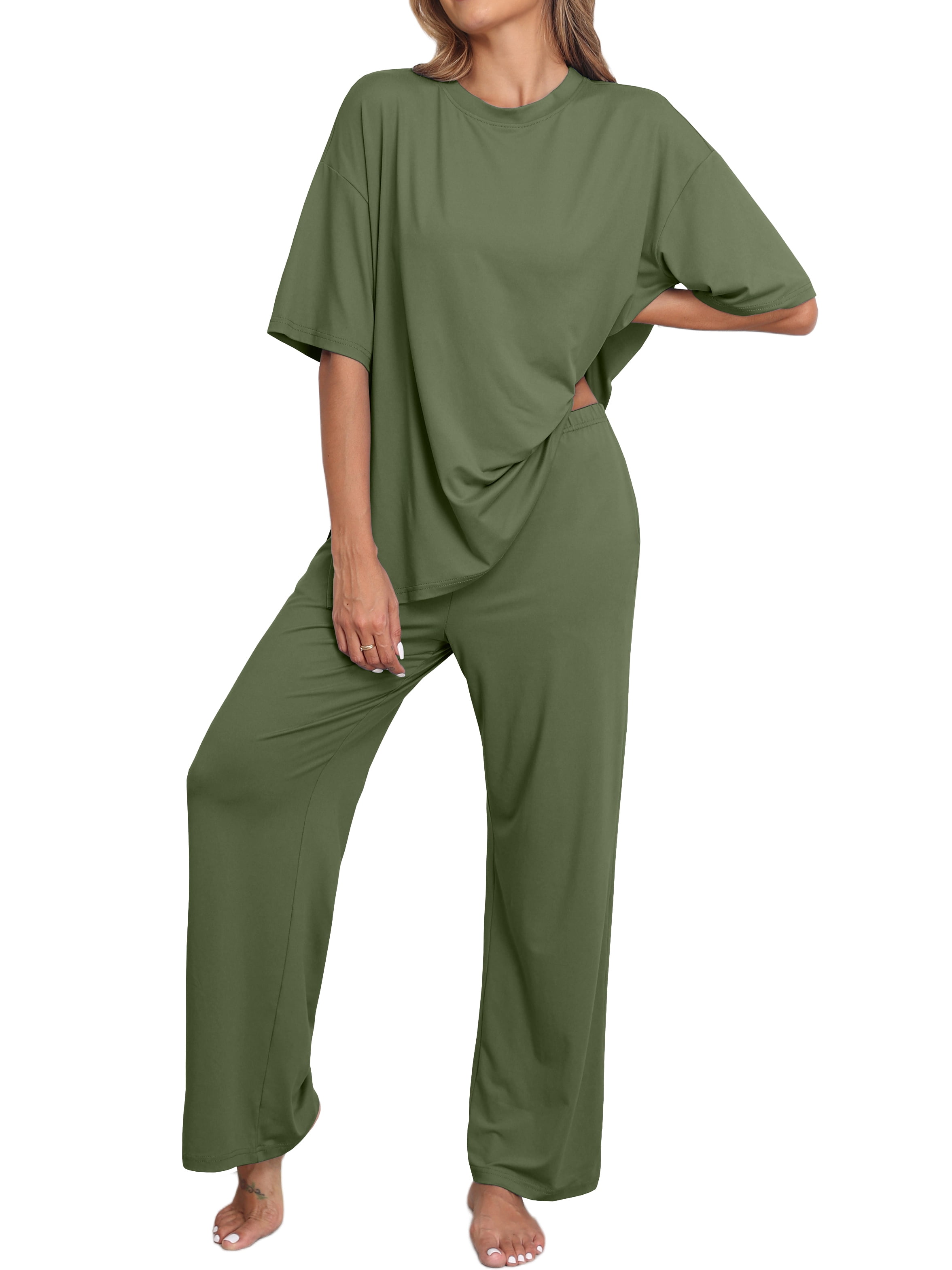 MINTREUS Lounge Sets for Women Knit Short Sleeve Tops and Long Pants ...