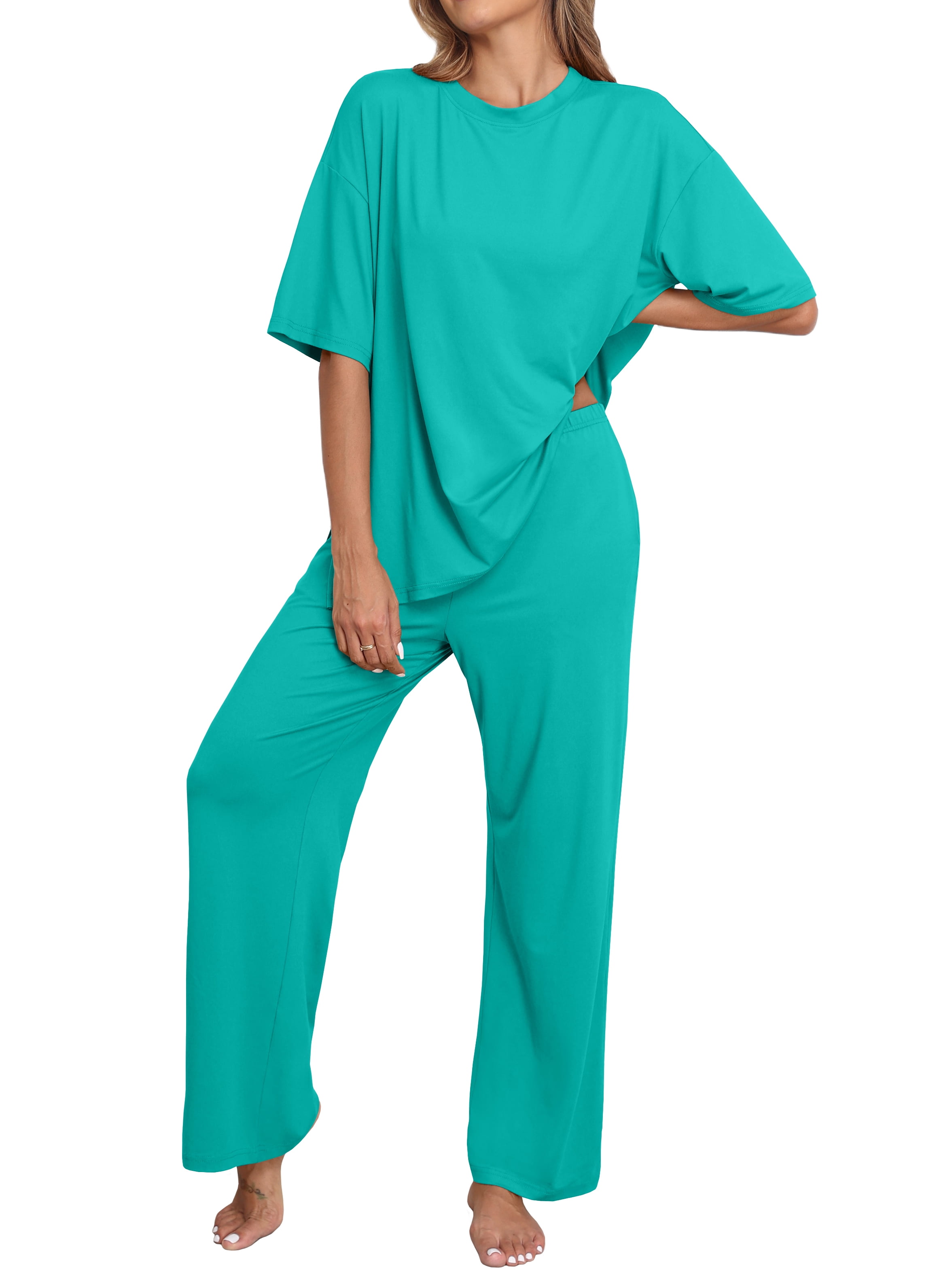 MINTREUS Lounge Sets for Women Knit Short Sleeve Tops and Long Pants ...