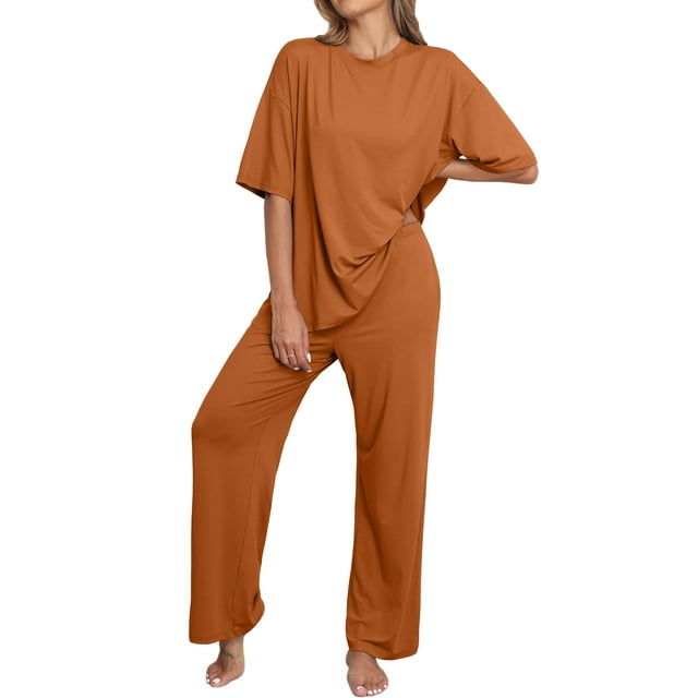 MINTREUS Lounge Sets for Women Knit Short Sleeve Tops and Long Pants ...