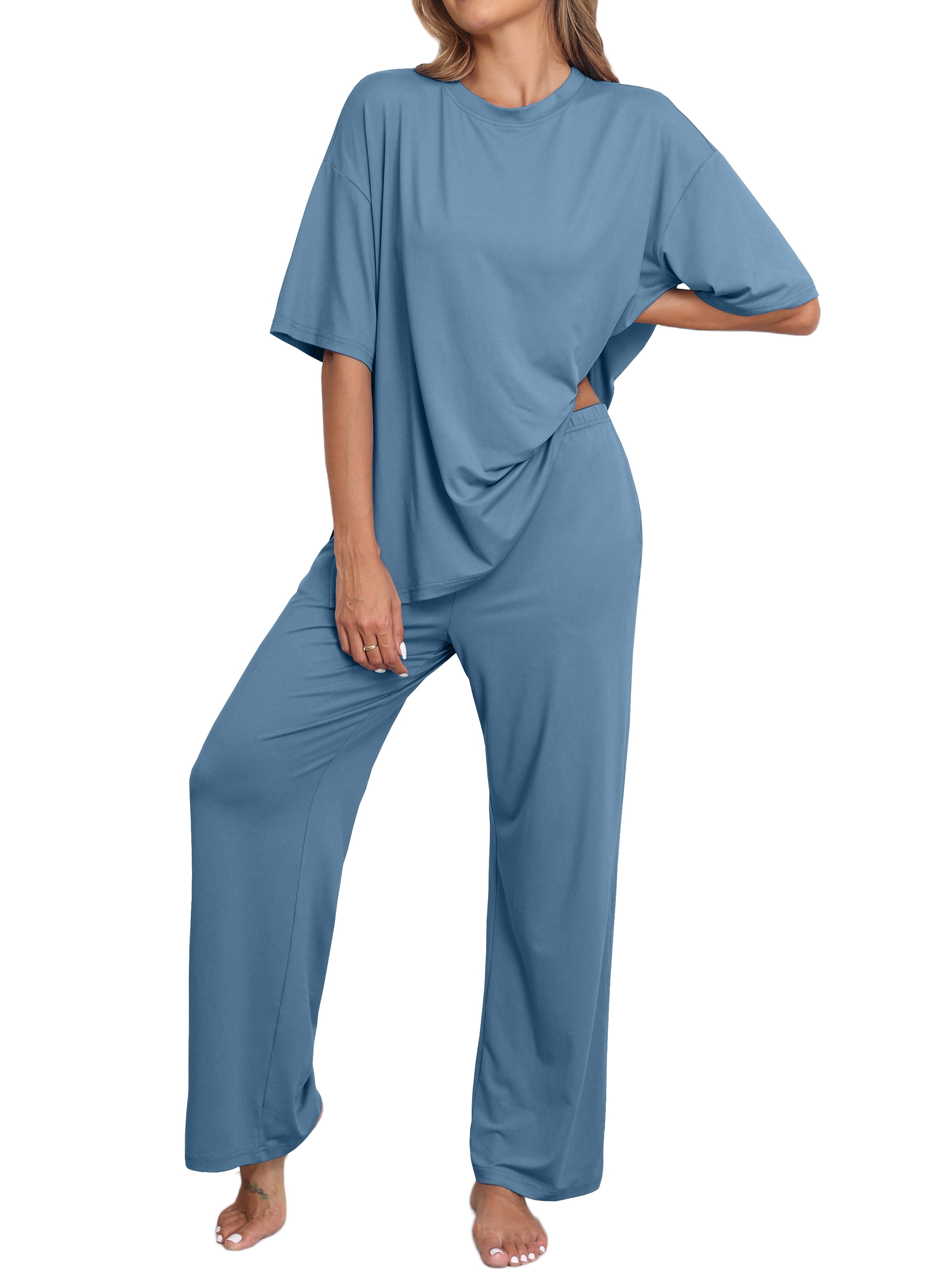 MINTREUS Lounge Sets for Women, Knit Short Sleeve Tops and Wide-Leg ...