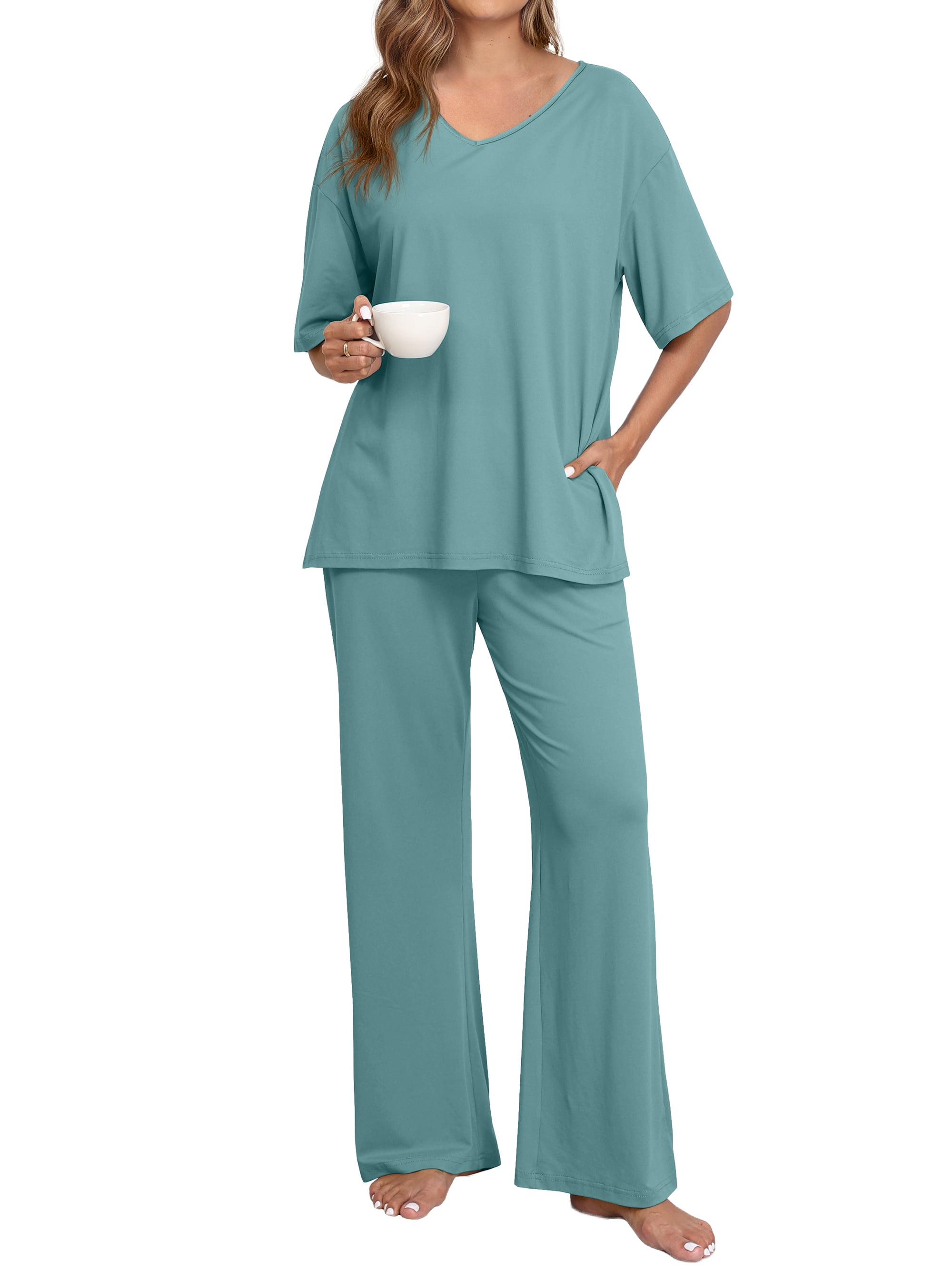 MINTREUS Lounge Sets for Women Knit Short Sleeve V-neck Tops and Long ...