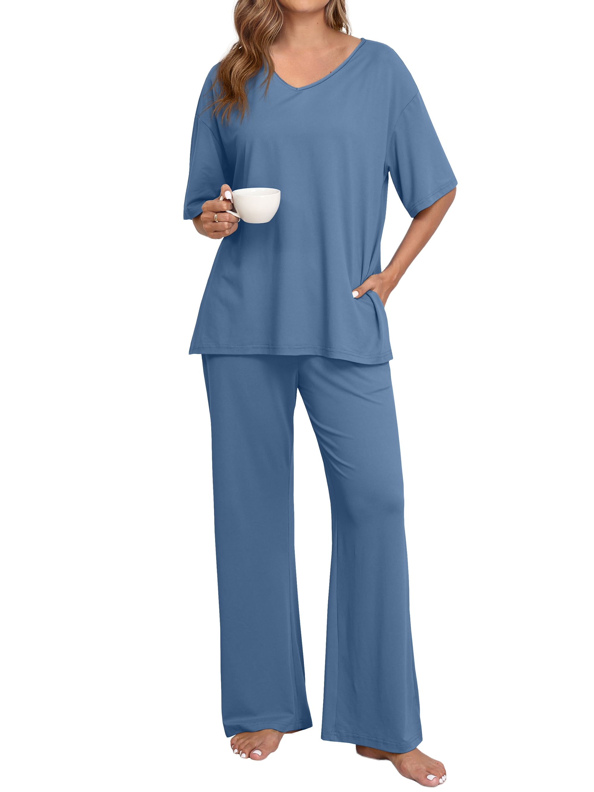 MINTREUS Lounge Sets for Women Knit Short Sleeve V-neck Tops and Long ...