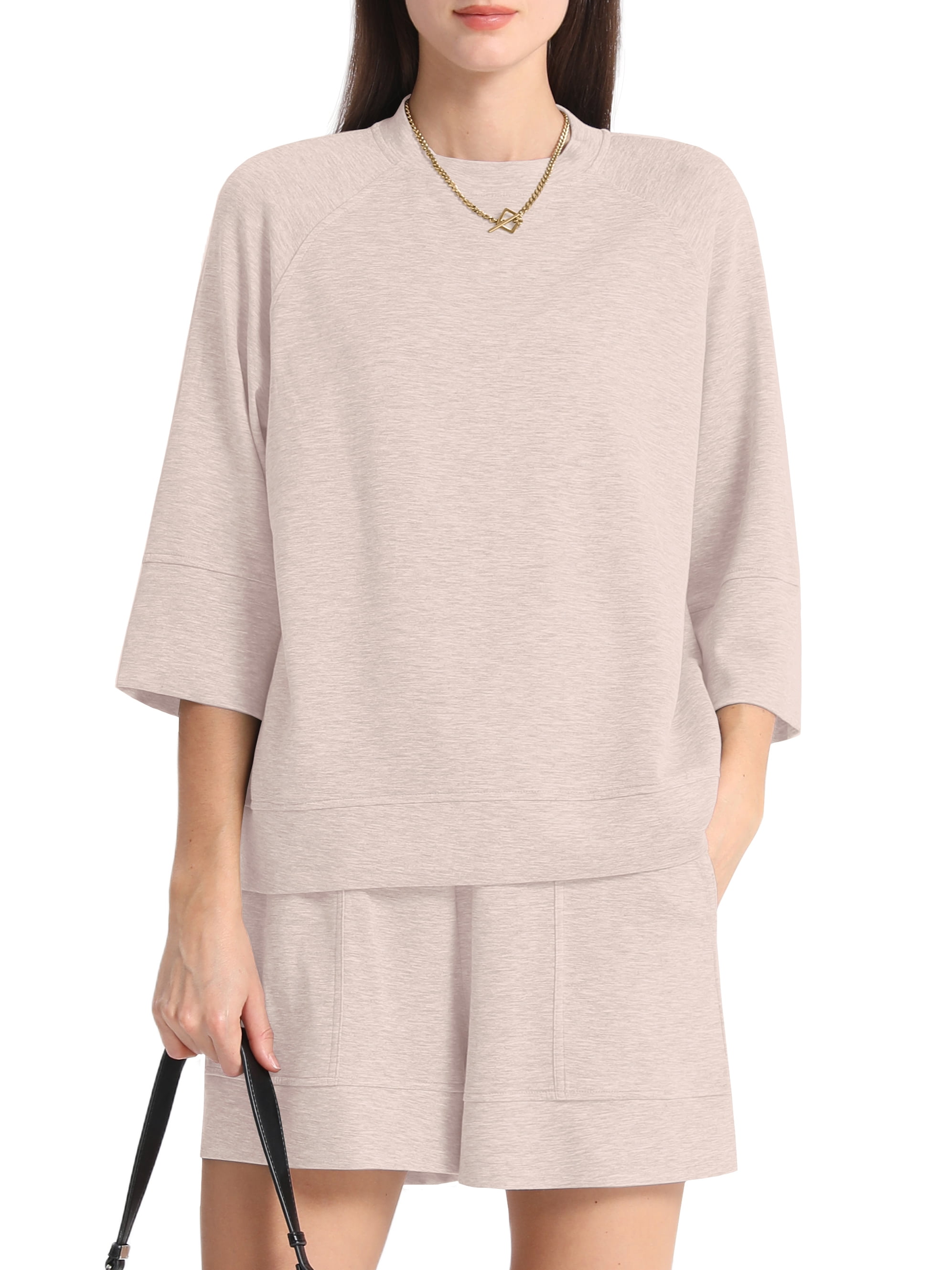 MINTREUS Women's Mock Neck Lounge Set 3/4 Sleeve Tops and Elastic Waist ...