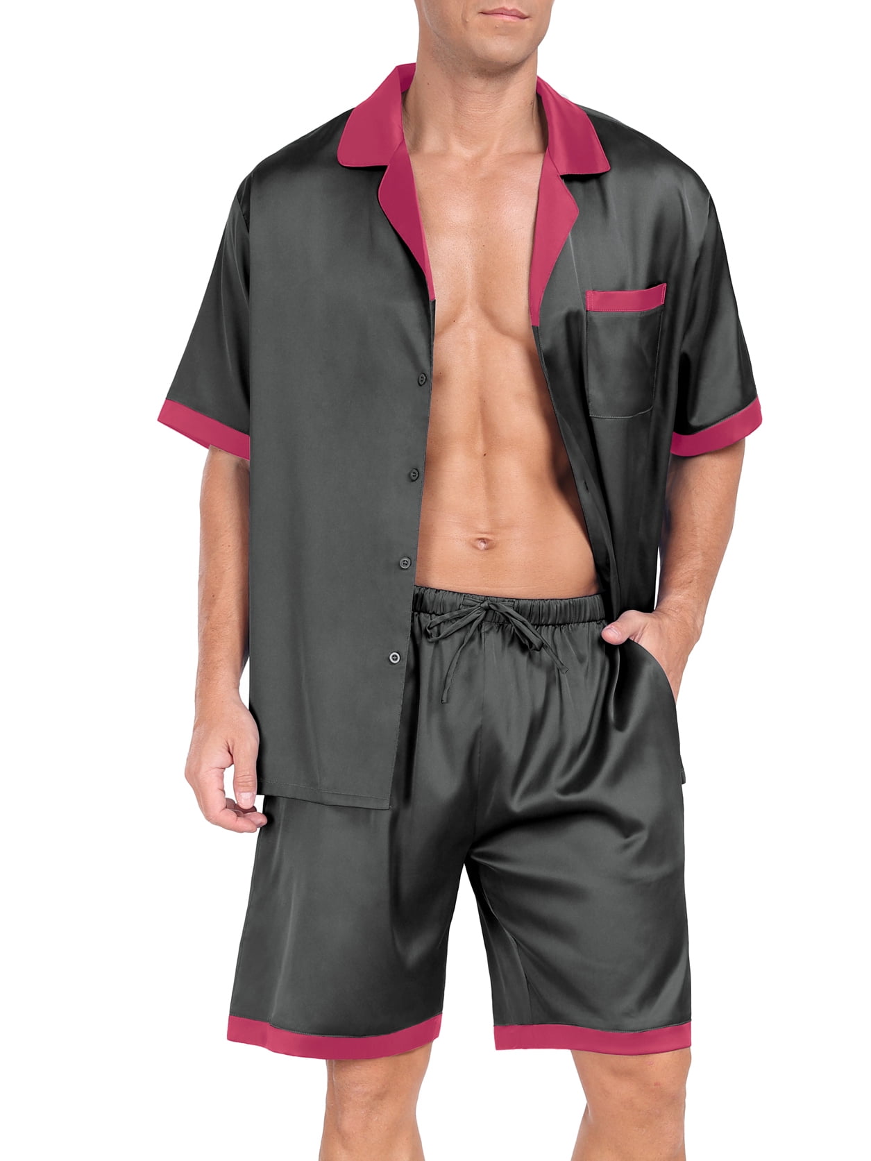 MINTREUS Men Satin Silk Pajamas Set with Pockets Sleepwear Shorts Satin ...