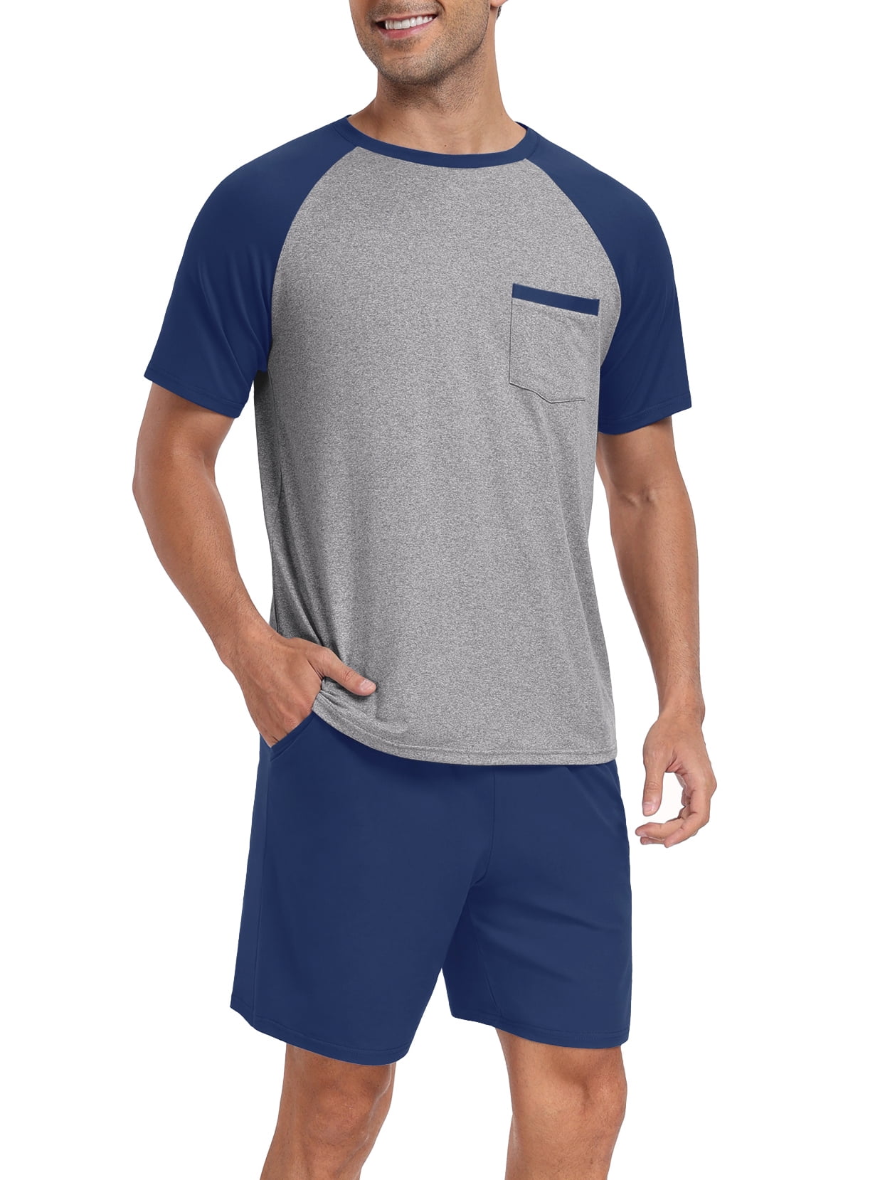 MINTREUS Men's Pajama Set, Round Neck, Short Sleeve, Elastic Waistband ...