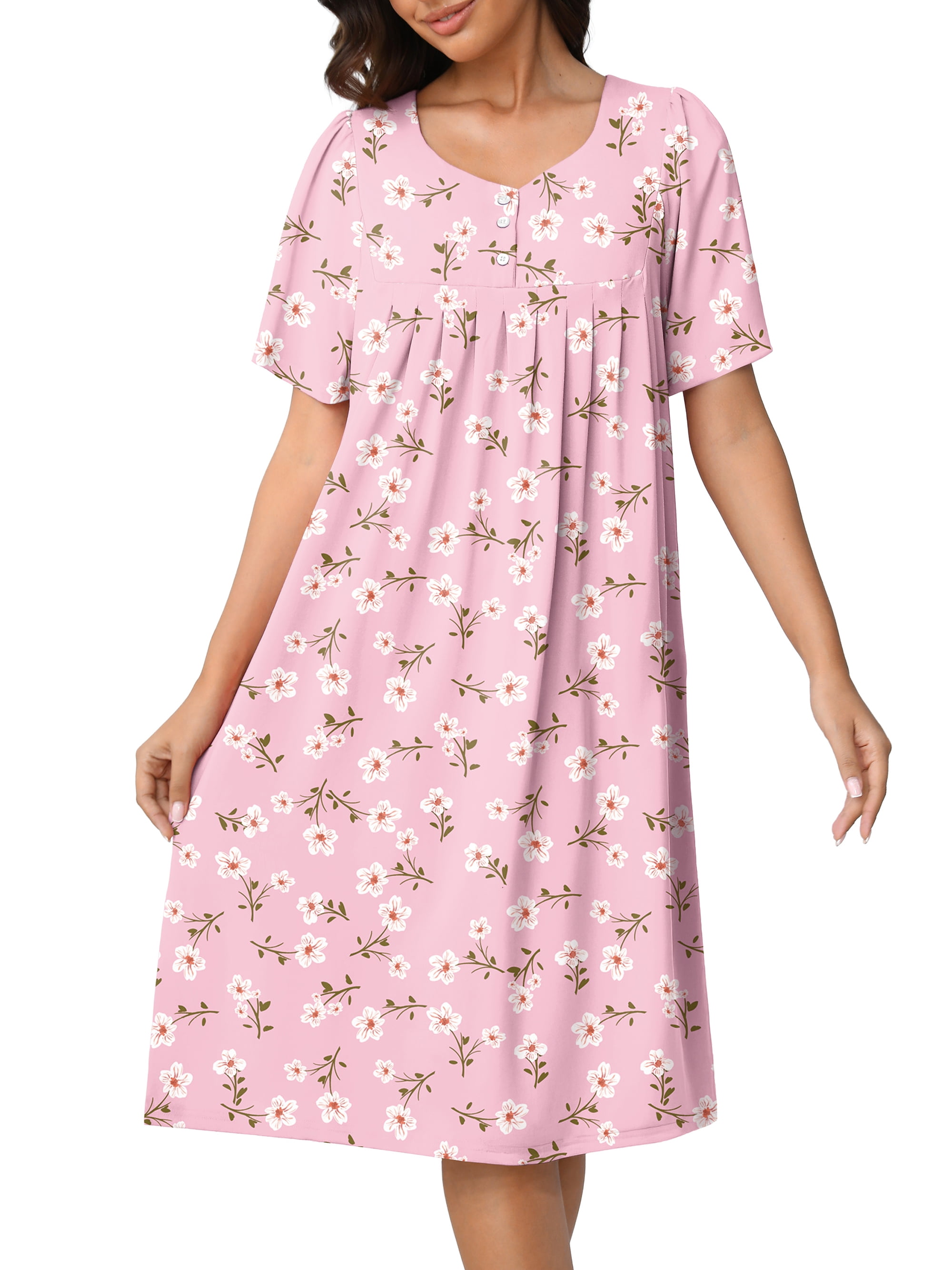MINTREUS Nightgown Short Sleeve for Women Sleepwear V Neck Nightshirt ...
