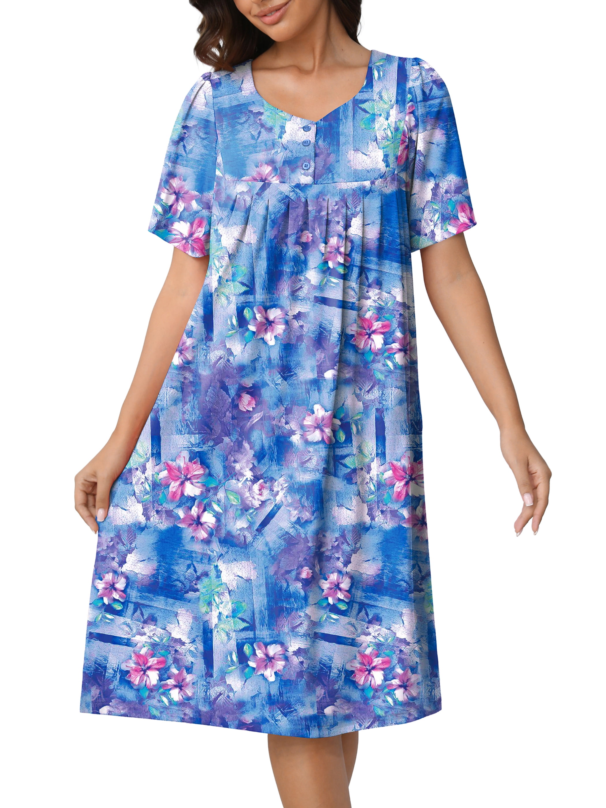 MINTREUS Women's Nightgown, Short Sleeve, V-Neck, Floral MuMu Dress ...