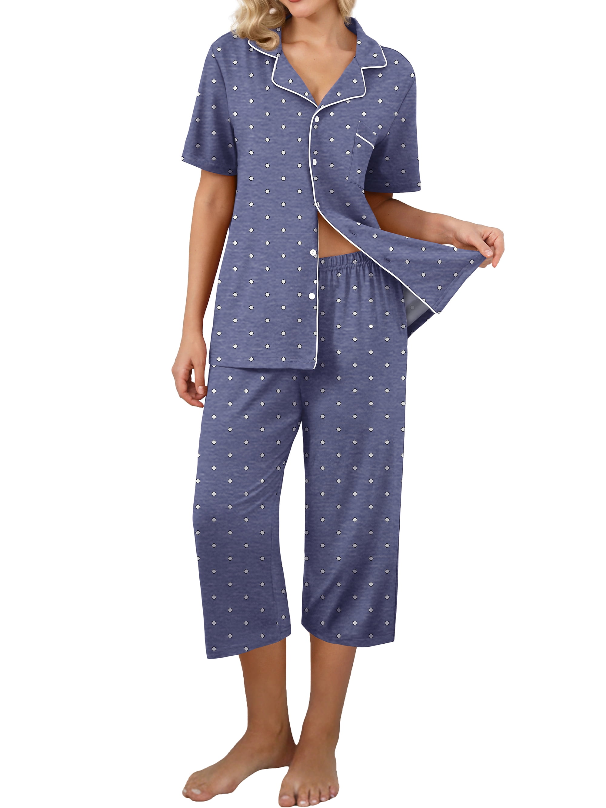 MINTREUS Pajama Sets for Women Notch Knit Top and Capri Pants Pjs Soft ...