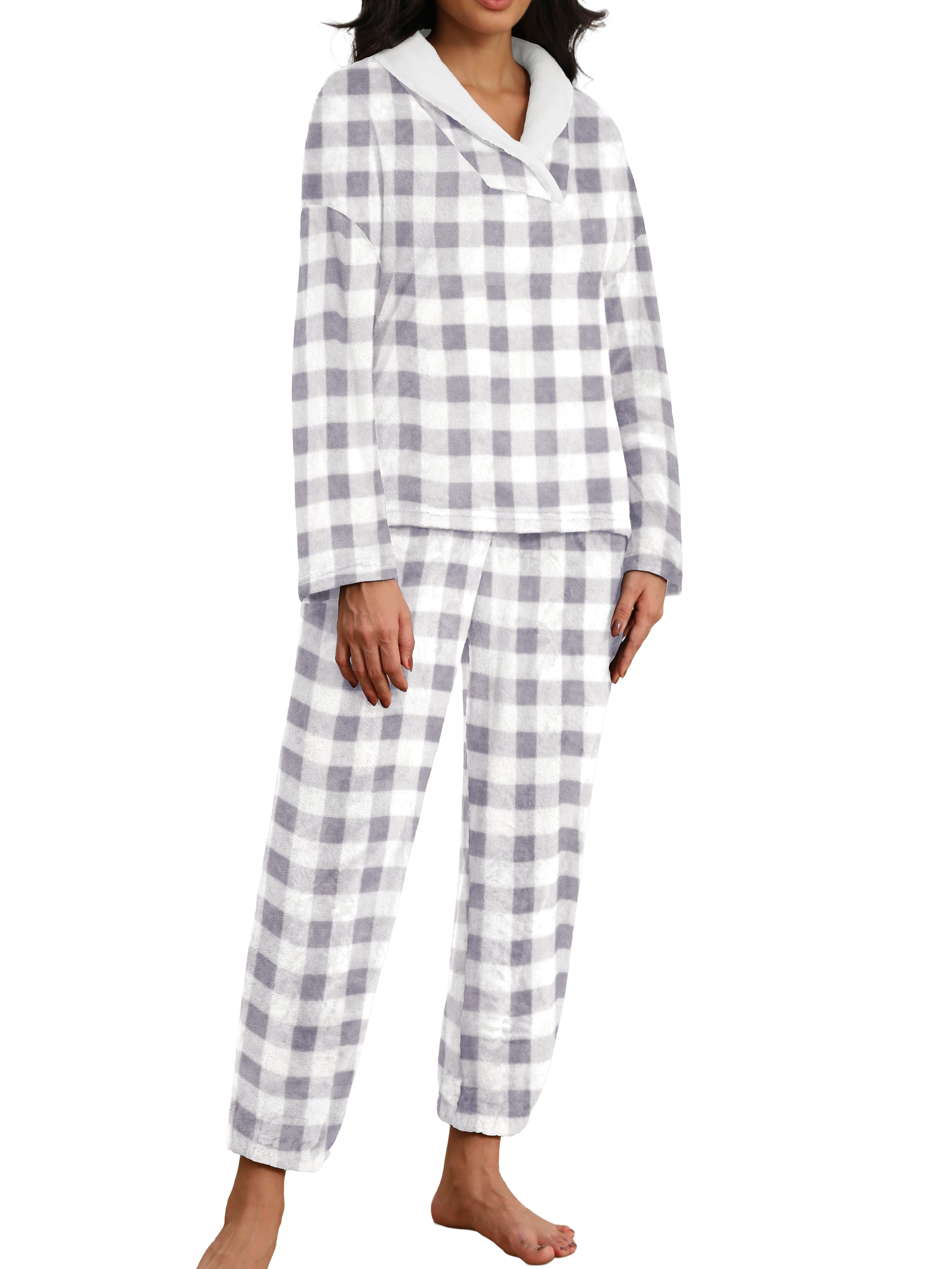 MINTREUS Women's Fluffy Pajamas Set Coral Fleece Pullover Pants Plush ...