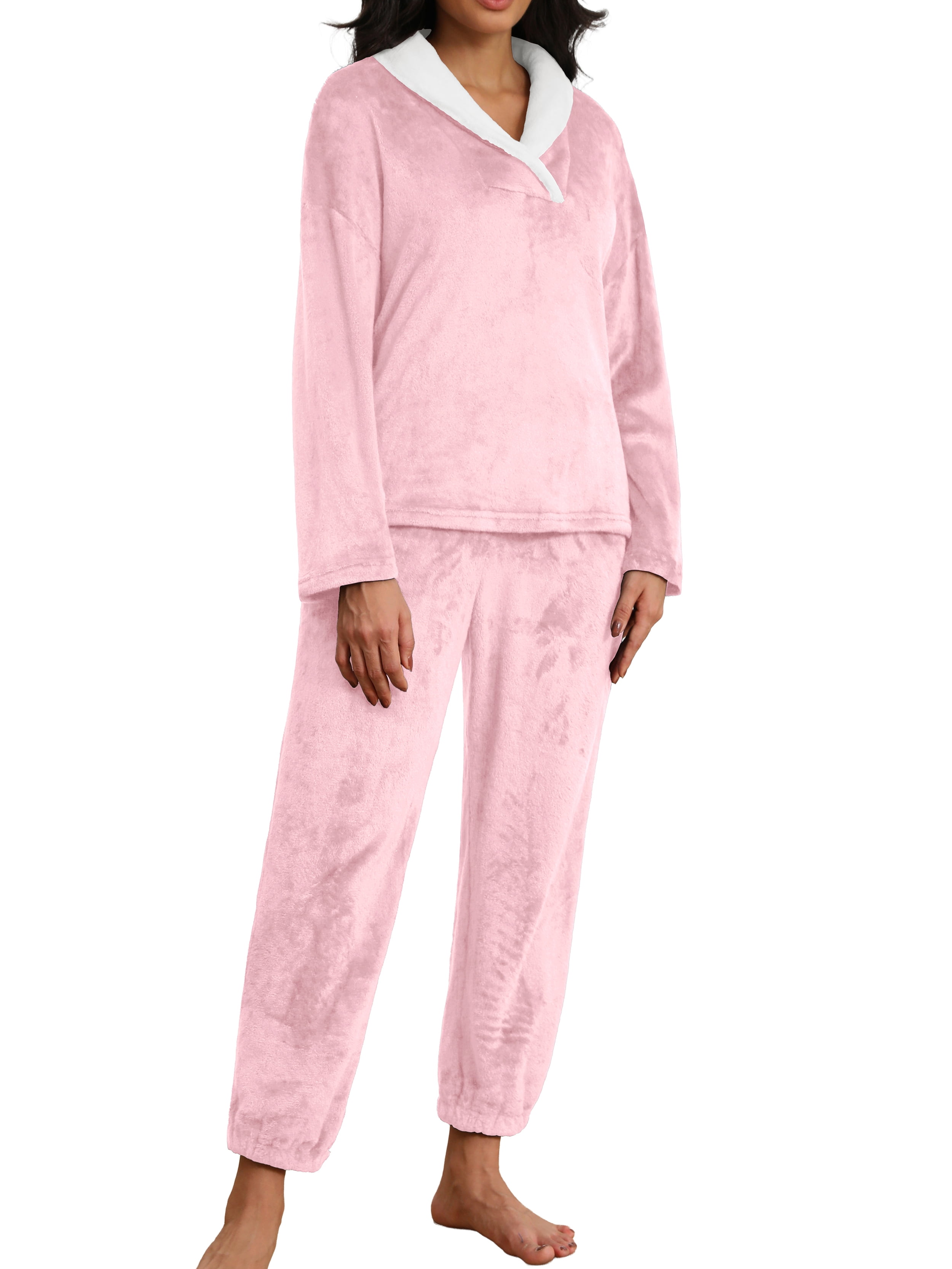 MINTREUS Women's Fluffy Pajamas Set Coral Fleece Pullover Pants Plush ...