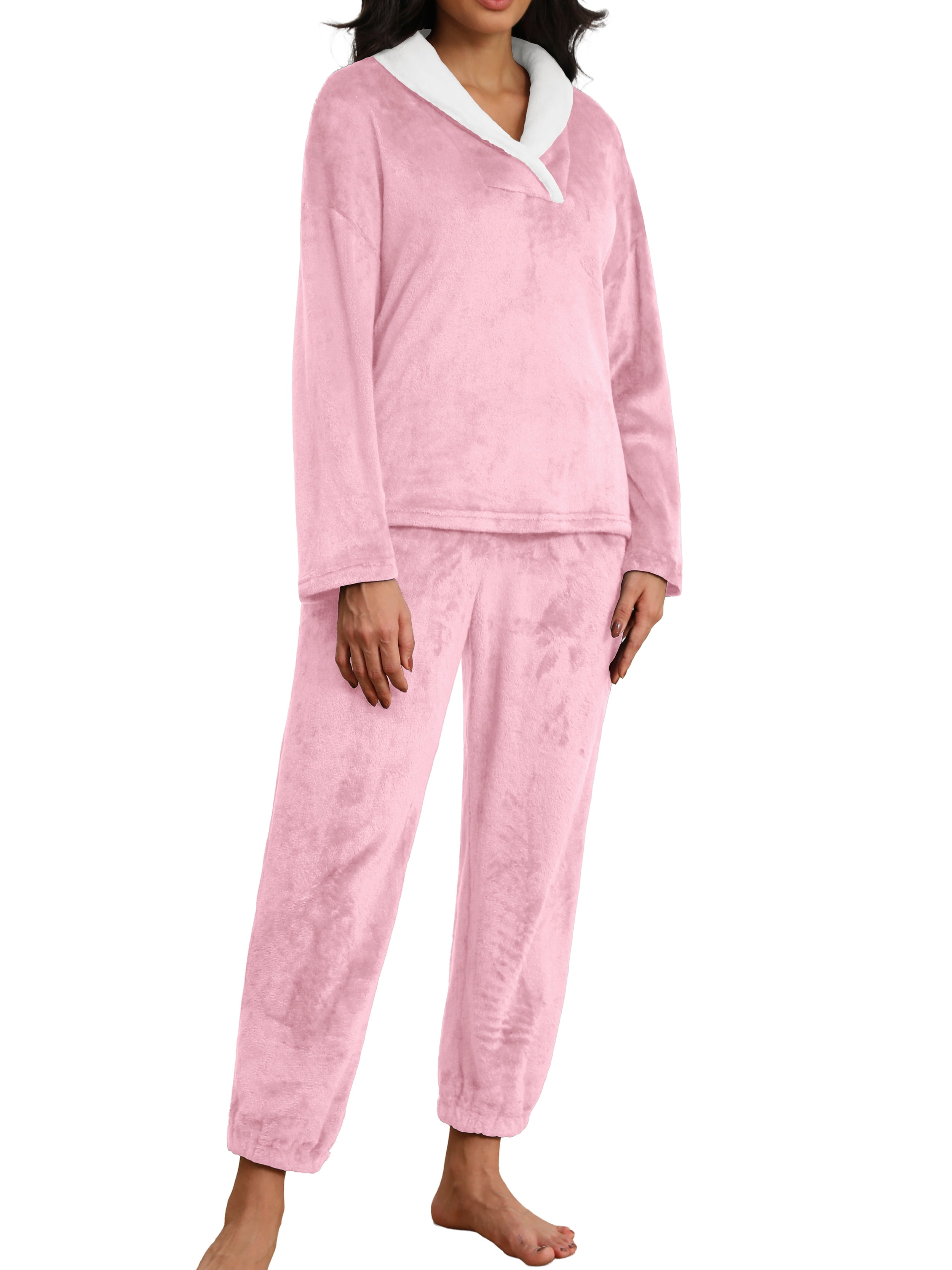 MINTREUS Women's Fluffy Pajamas Set Coral Fleece Pullover Pants Plush ...