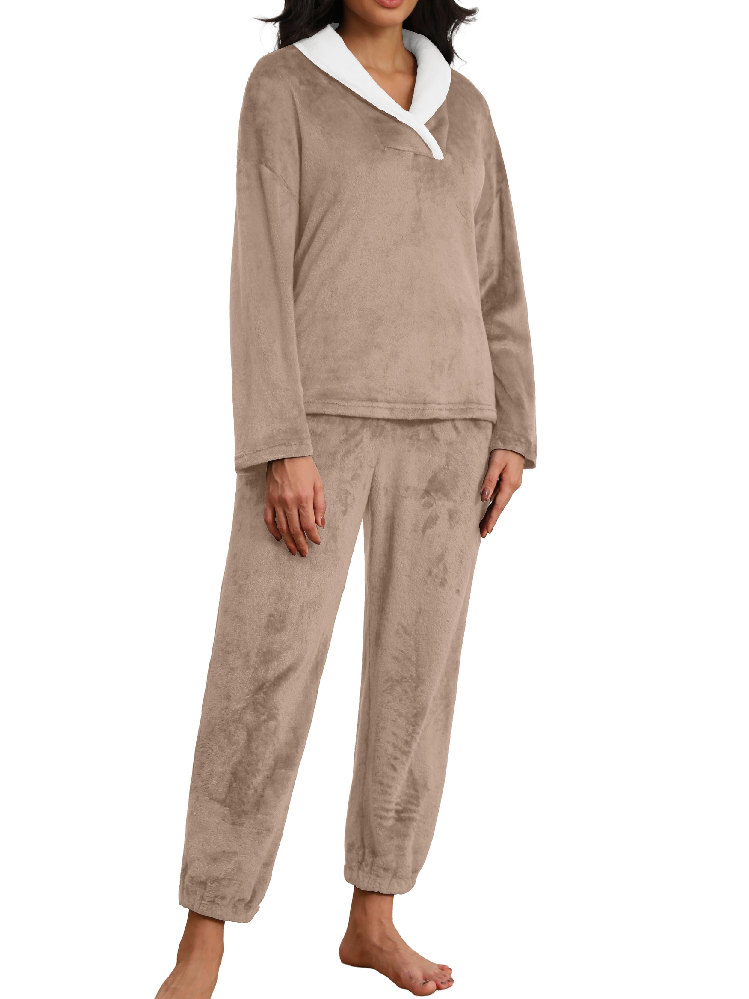 MINTREUS Women's Fluffy Pajamas Set Coral Fleece Pullover Pants Plush ...