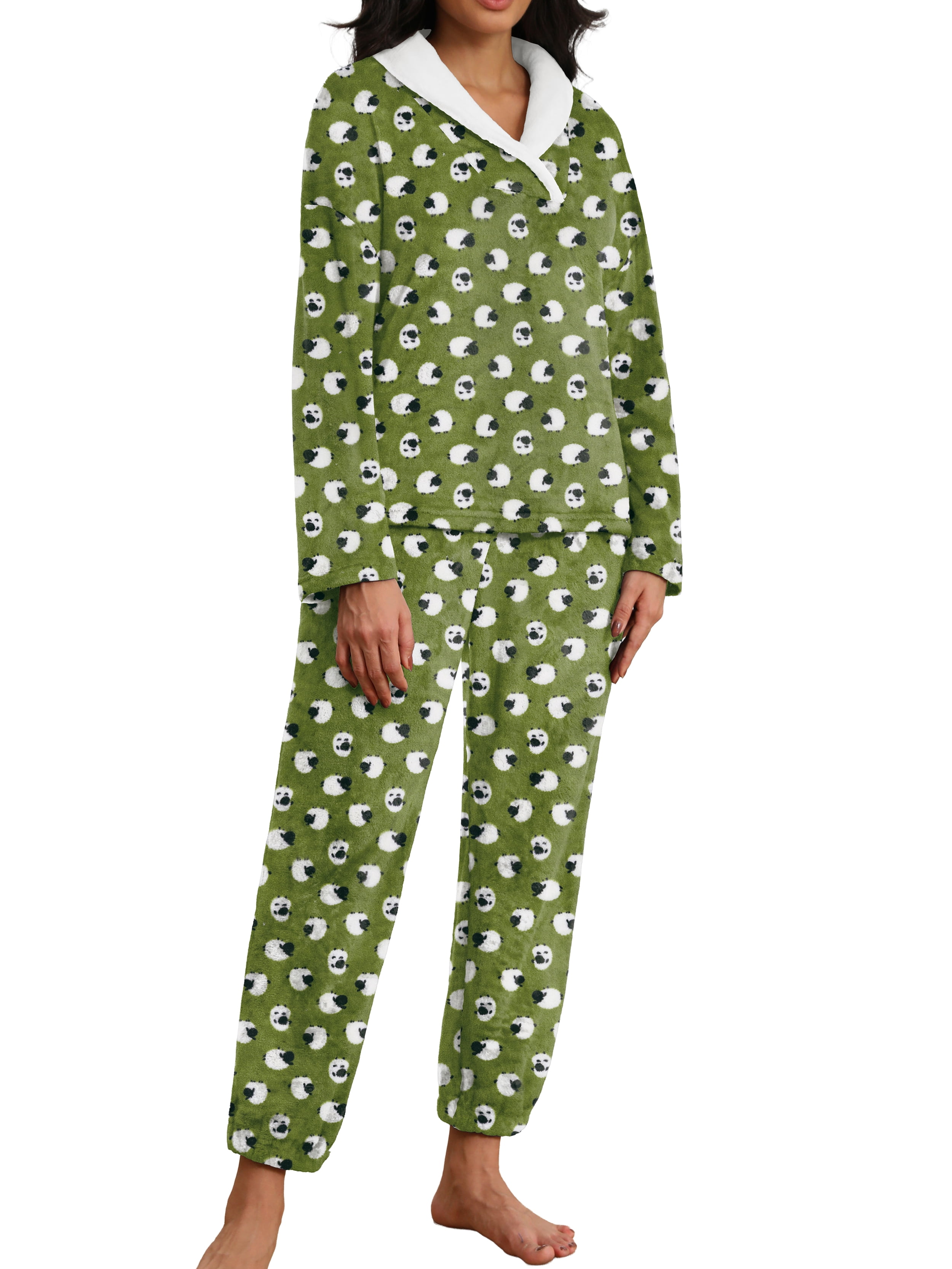 MINTREUS Women's Fluffy Pajamas Set Coral Fleece Pullover Pants Plush ...