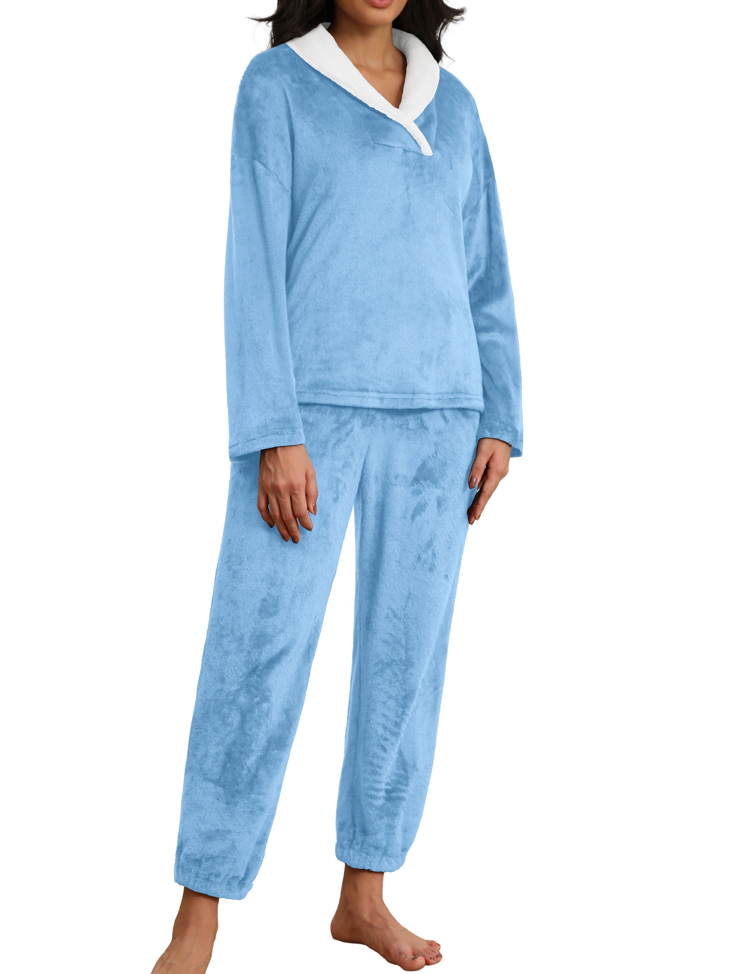 MINTREUS Women's Fluffy Pajamas Set Coral Fleece Pullover Pants Plush ...