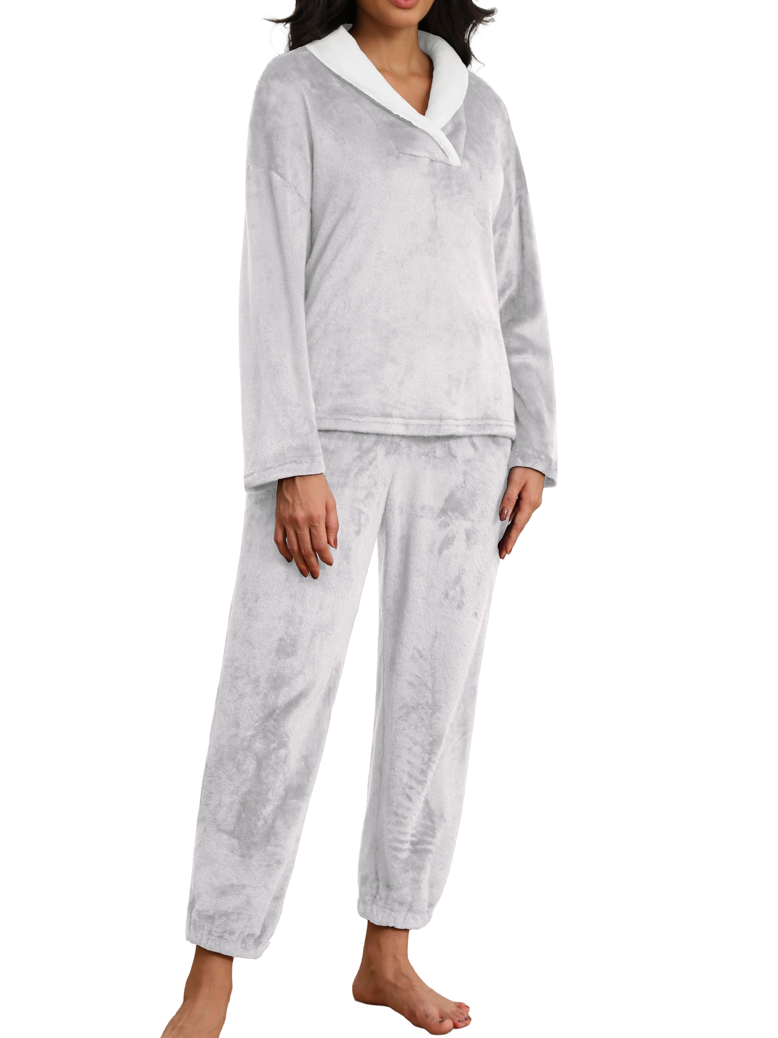 MINTREUS Women's Fluffy Pajamas Set Coral Fleece Pullover Pants Plush ...