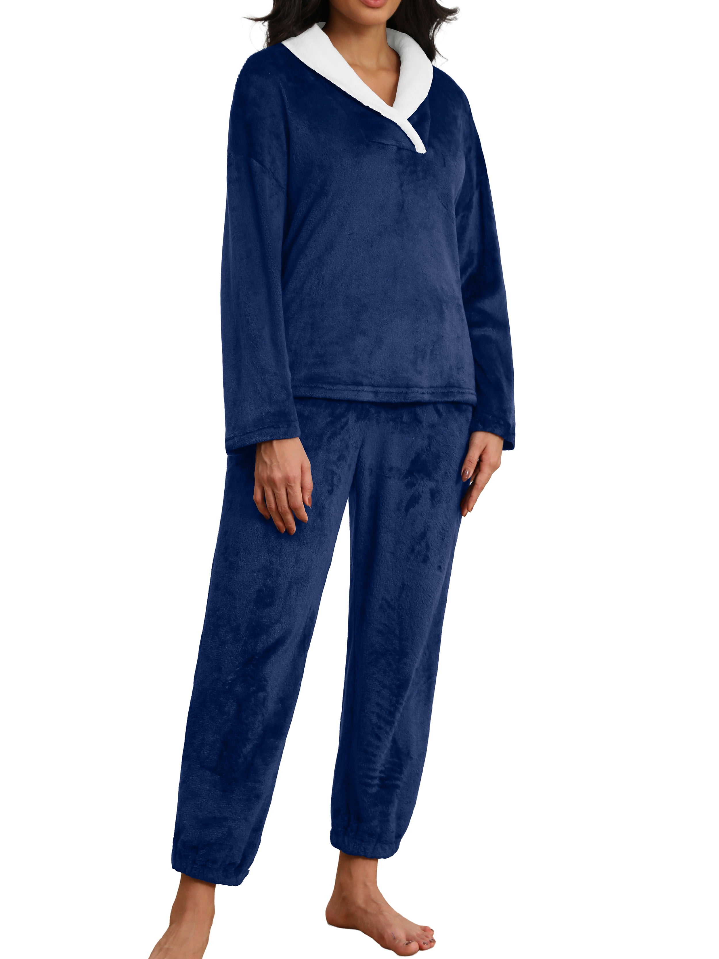 MINTREUS Women's Fluffy Pajamas Set Coral Fleece Pullover Pants Plush ...