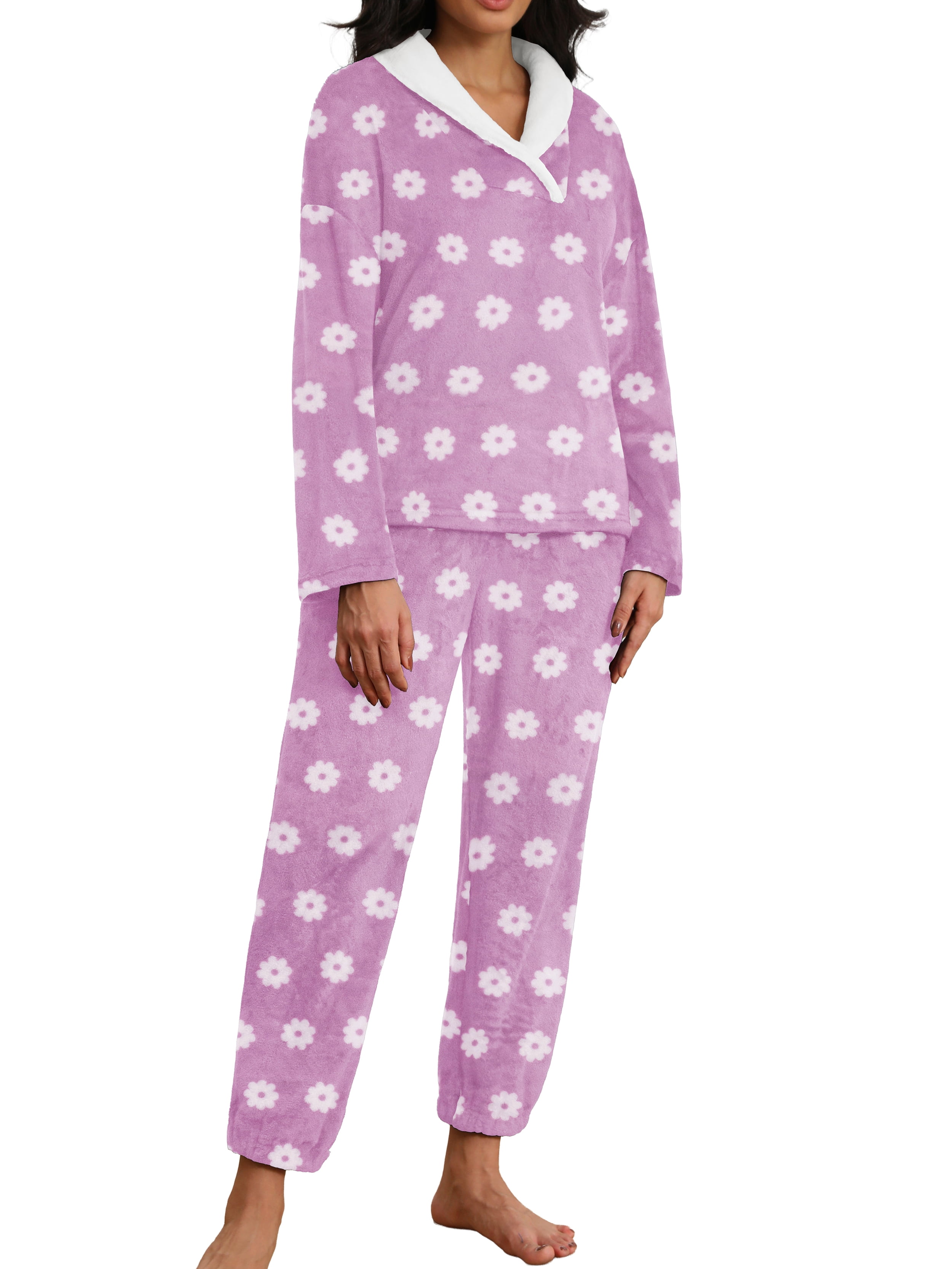 MINTREUS Women's Fluffy Pajamas Set Coral Fleece Pullover Pants Plush ...