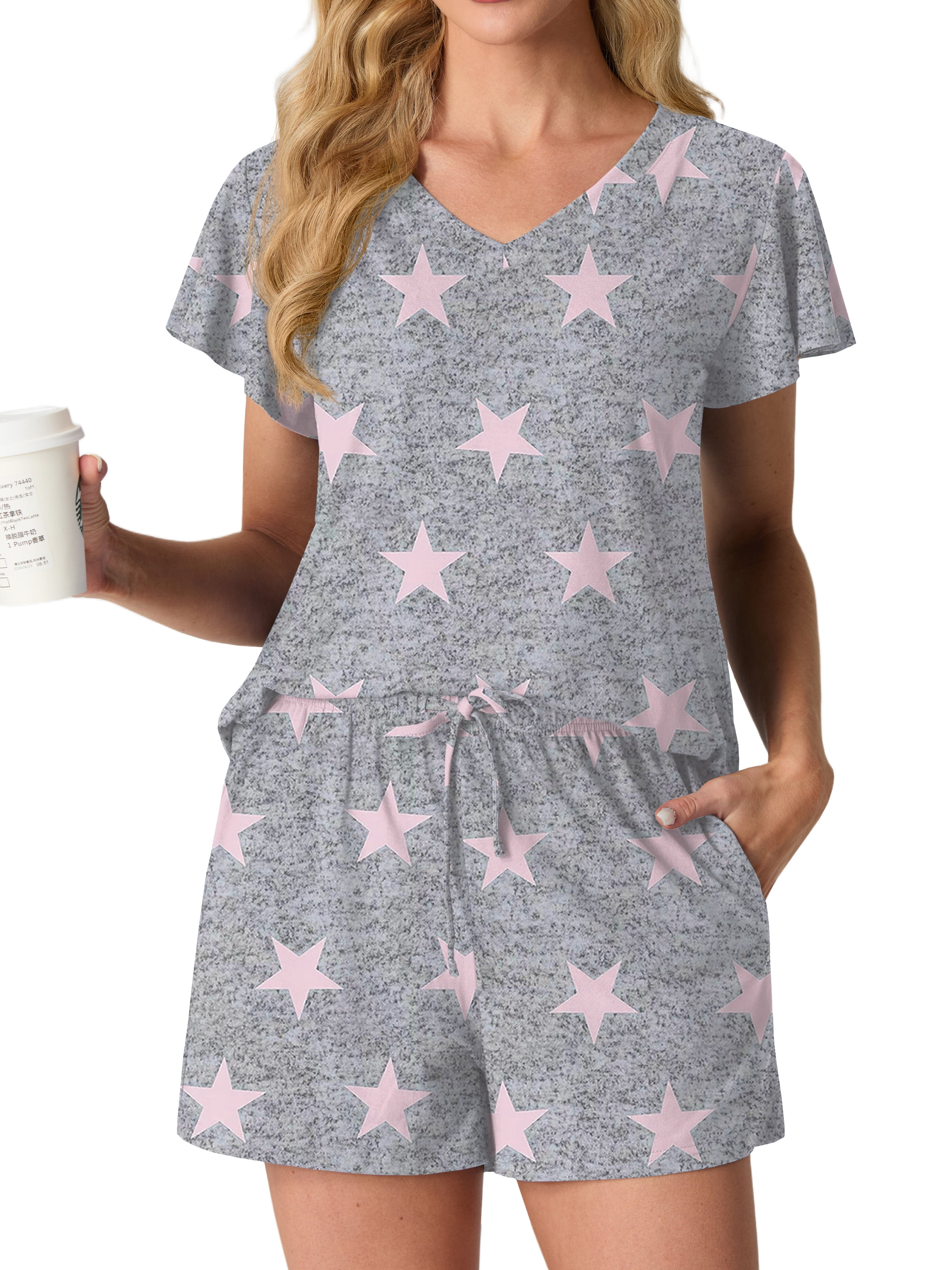 MINTREUS Women's Knit Pajamas Set Ruffle Sleeves Sleepwear Casual 2 ...