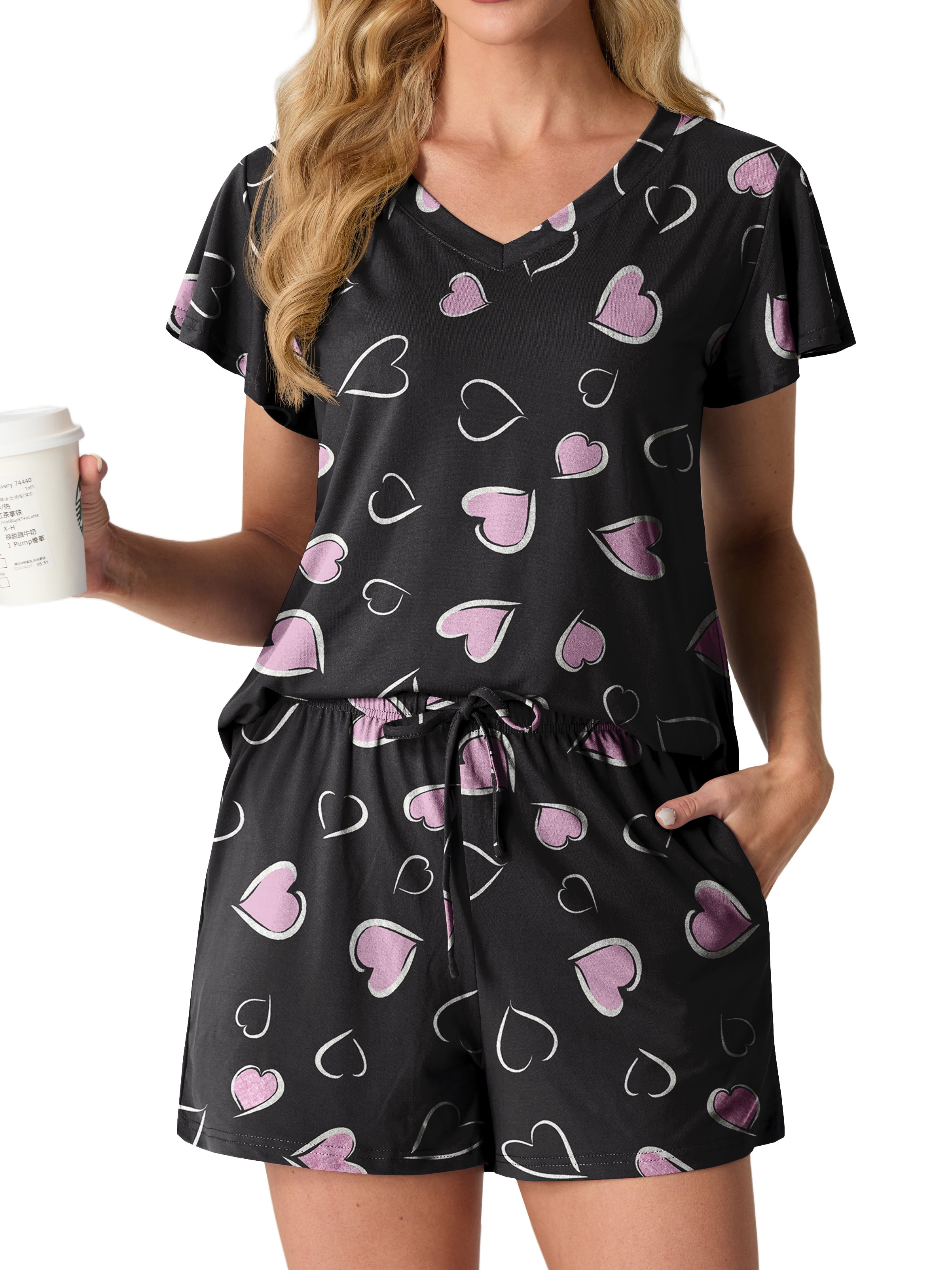 MINTREUS Women's Knit Pajamas Set Ruffle Sleeves Sleepwear Casual 2 ...