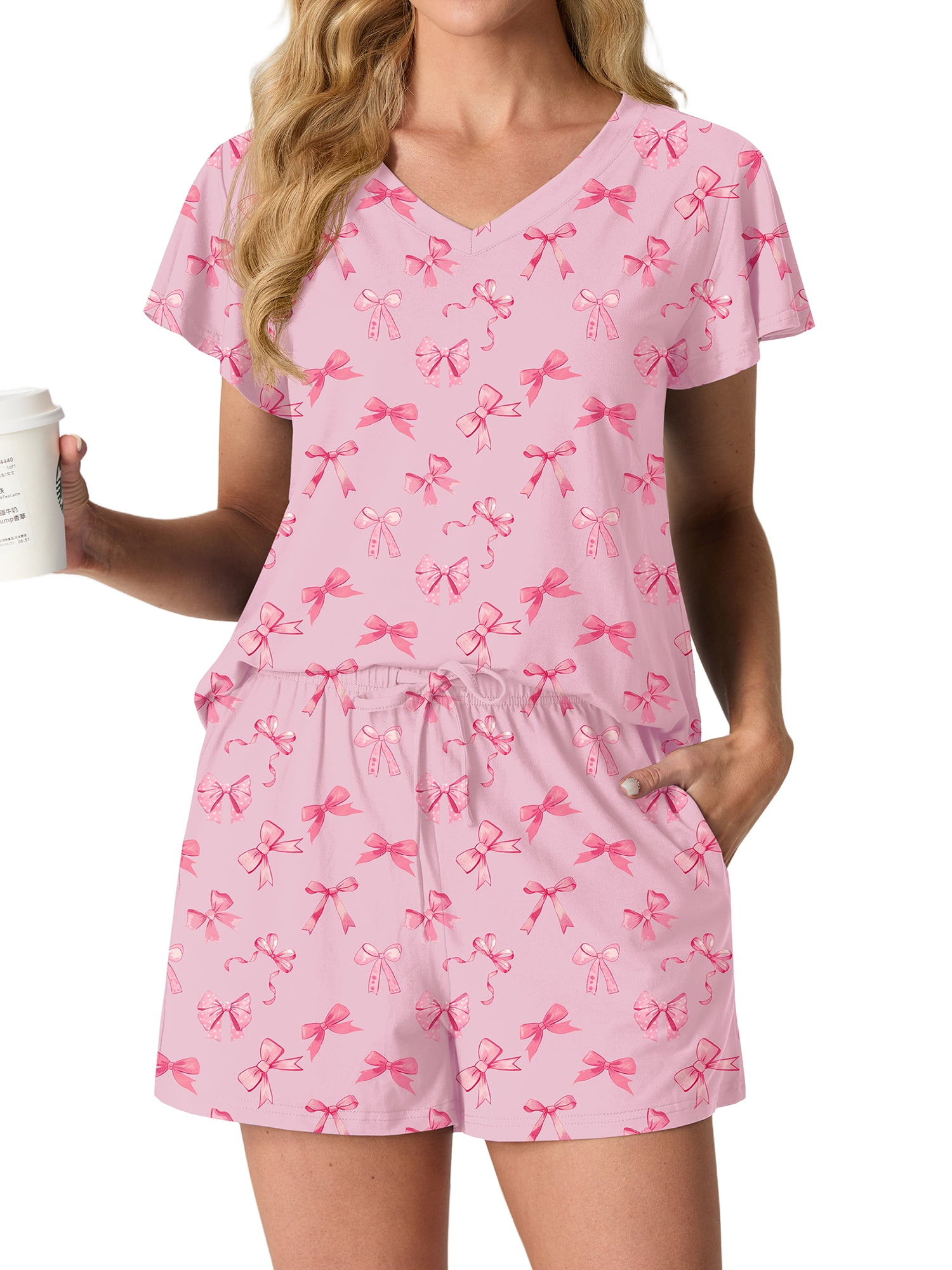 MINTREUS Women's Knit Pajamas Set Ruffle Sleeves Sleepwear Casual 2 ...