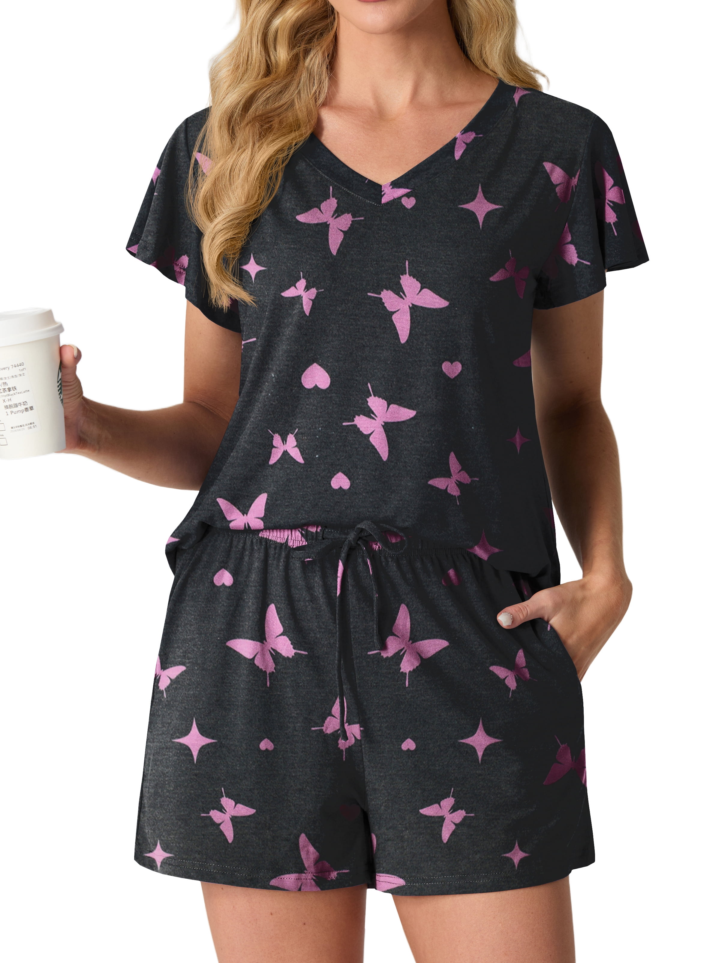 MINTREUS Women's Knit Pajamas Set Ruffle Sleeves Sleepwear Casual 2 ...