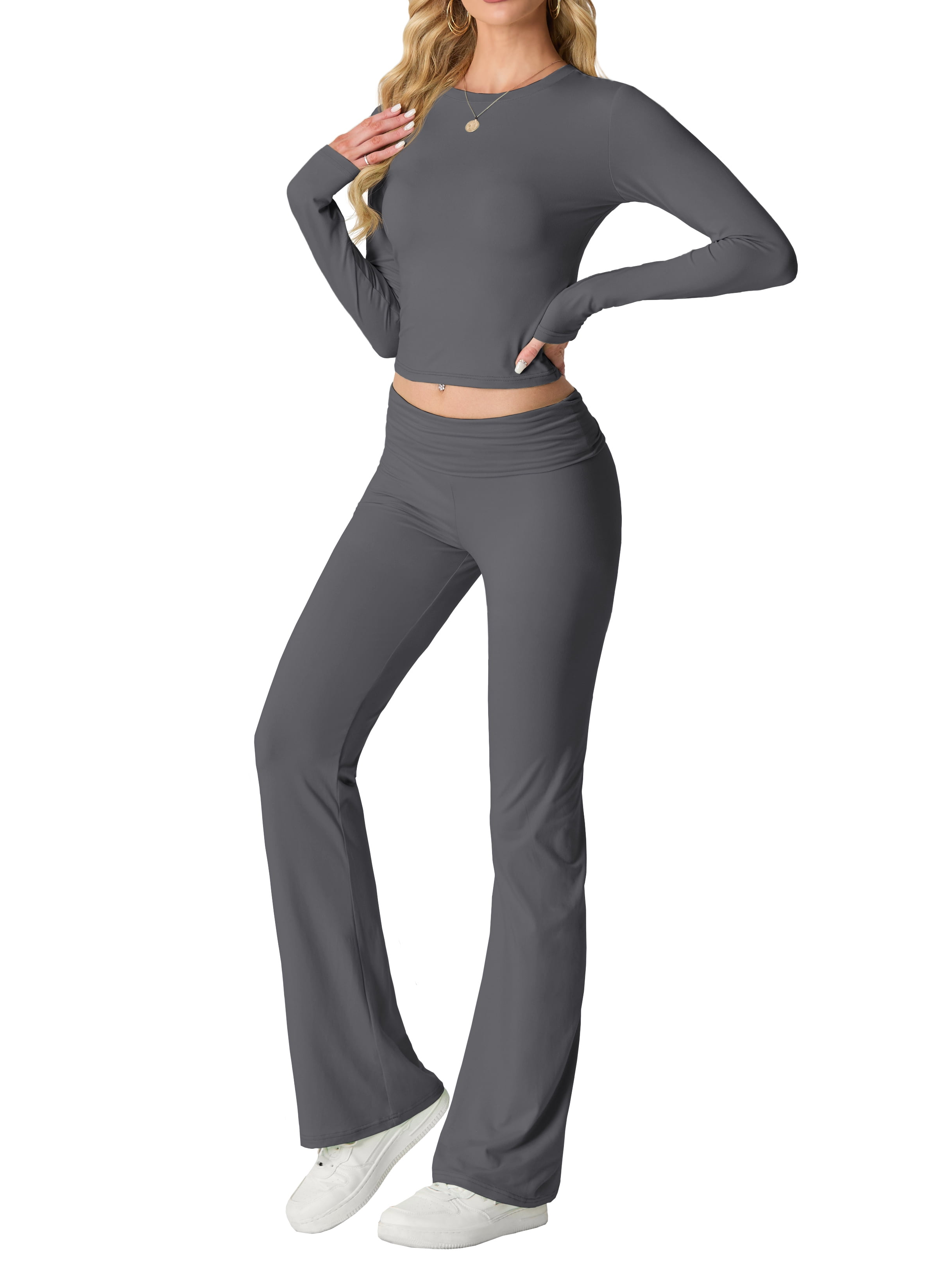 MINTREUS Women's Lounge Set Long Sleeve Crop Top Foldover Flare Pants ...