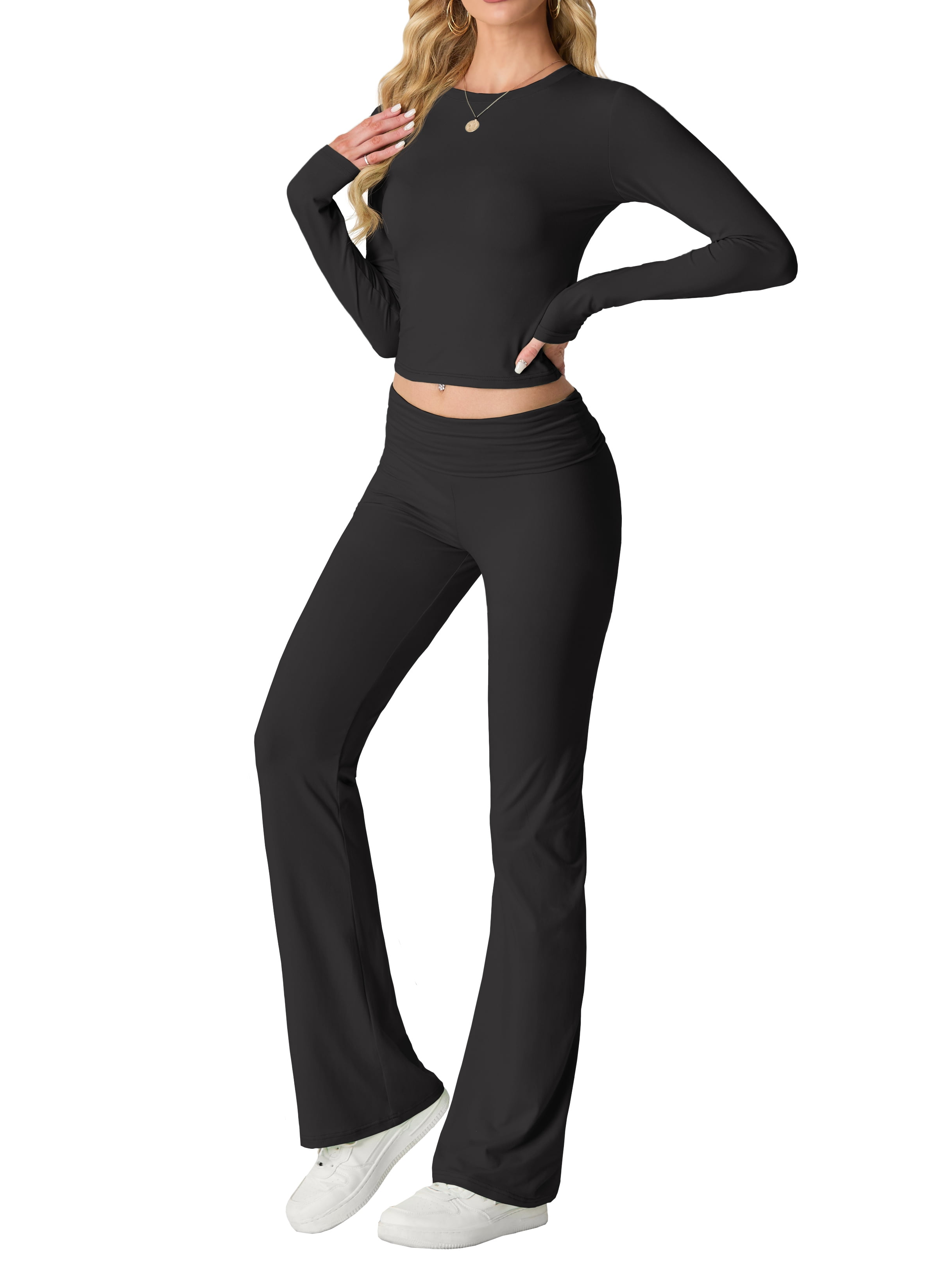 MINTREUS Women's Lounge Set Long Sleeve Crop Top Foldover Flare Pants ...