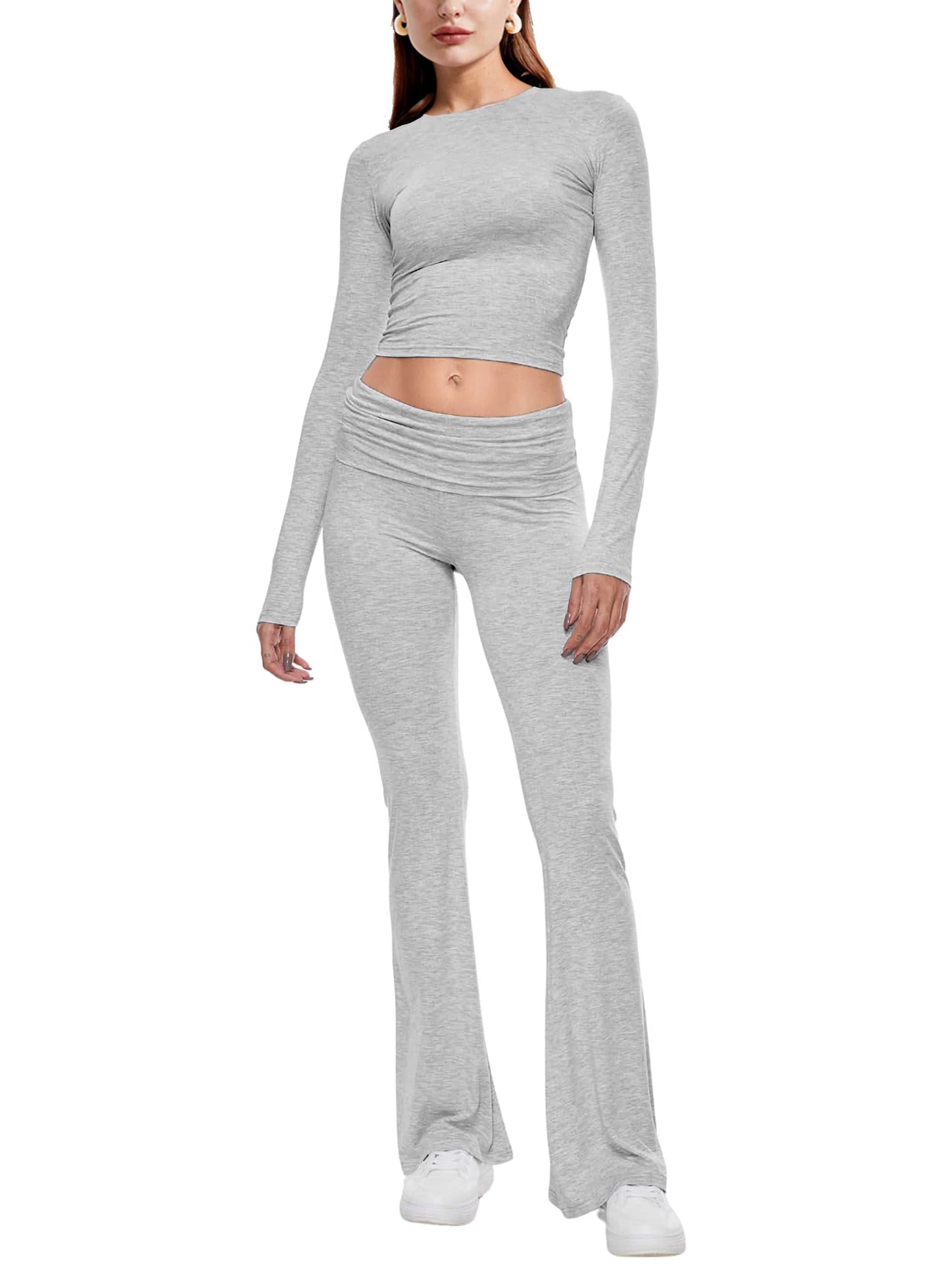 MINTREUS Women's Lounge Set Long Sleeve Crop Top Foldover Flare Pants ...